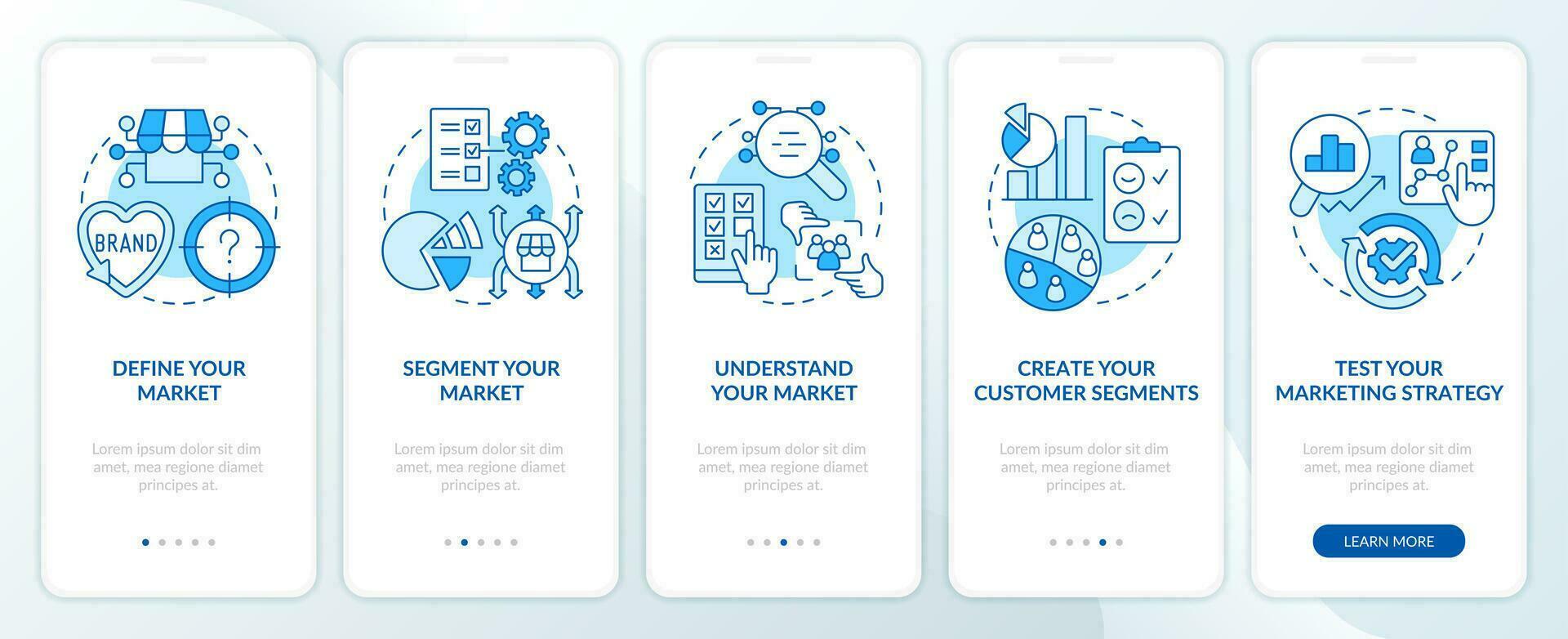 Get Started With Segmentation Blue Onboarding Mobile App Screen Walkthrough 5 Steps Editable