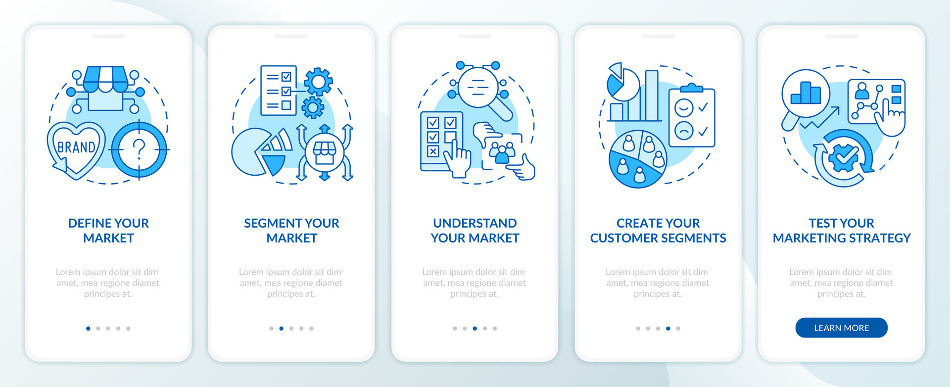 Get Started With Segmentation Blue Onboarding Mobile App Screen Walkthrough 5 Steps Editable