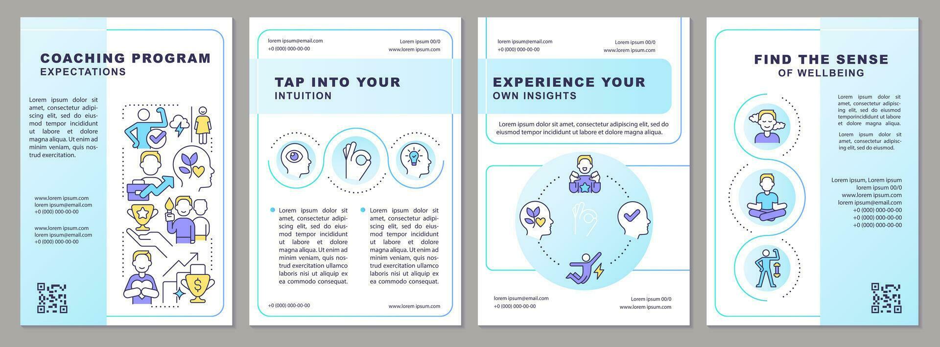 Key goals of coaching brochure template. Personal development. Leaflet design with linear icons ...