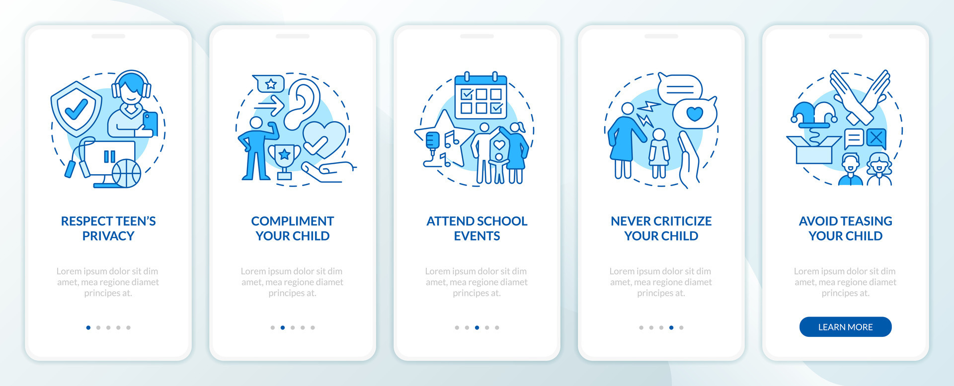 Promoting Self Esteem In Teens Blue Onboarding Mobile App Screen Walkthrough 5 Steps Editable