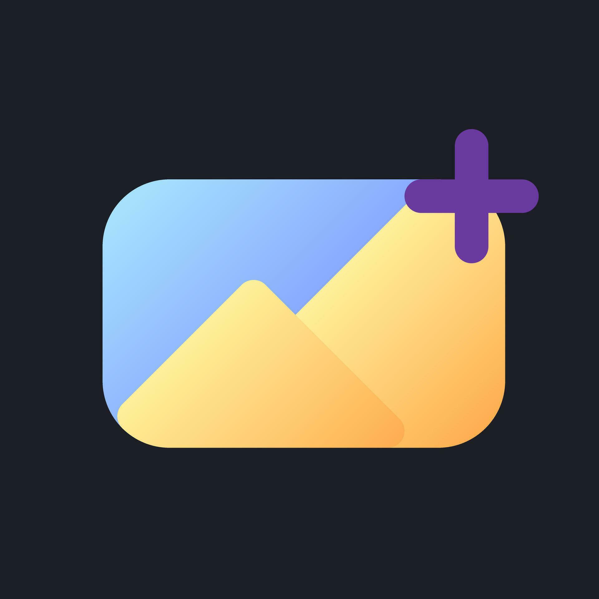 Add image flat gradient fill ui icon for dark theme. Insert photo into footage. Editing tool ...