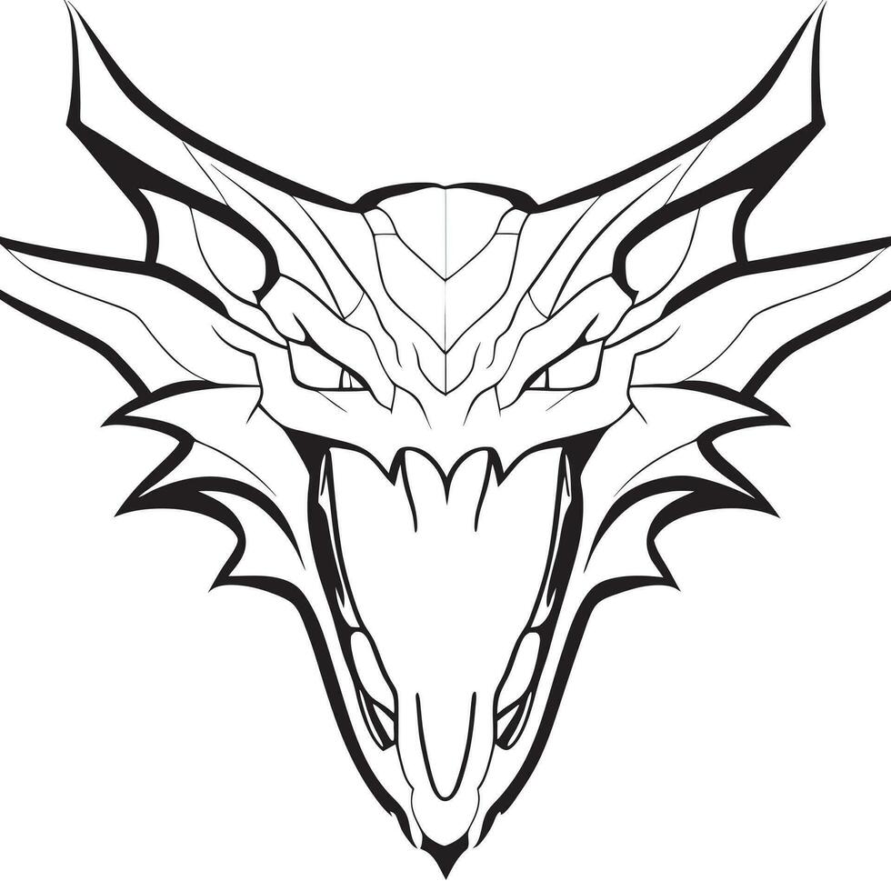 Dragon Head With Open Mouth Horns Front View Symmetric Vector Illustration Line Art 26296795