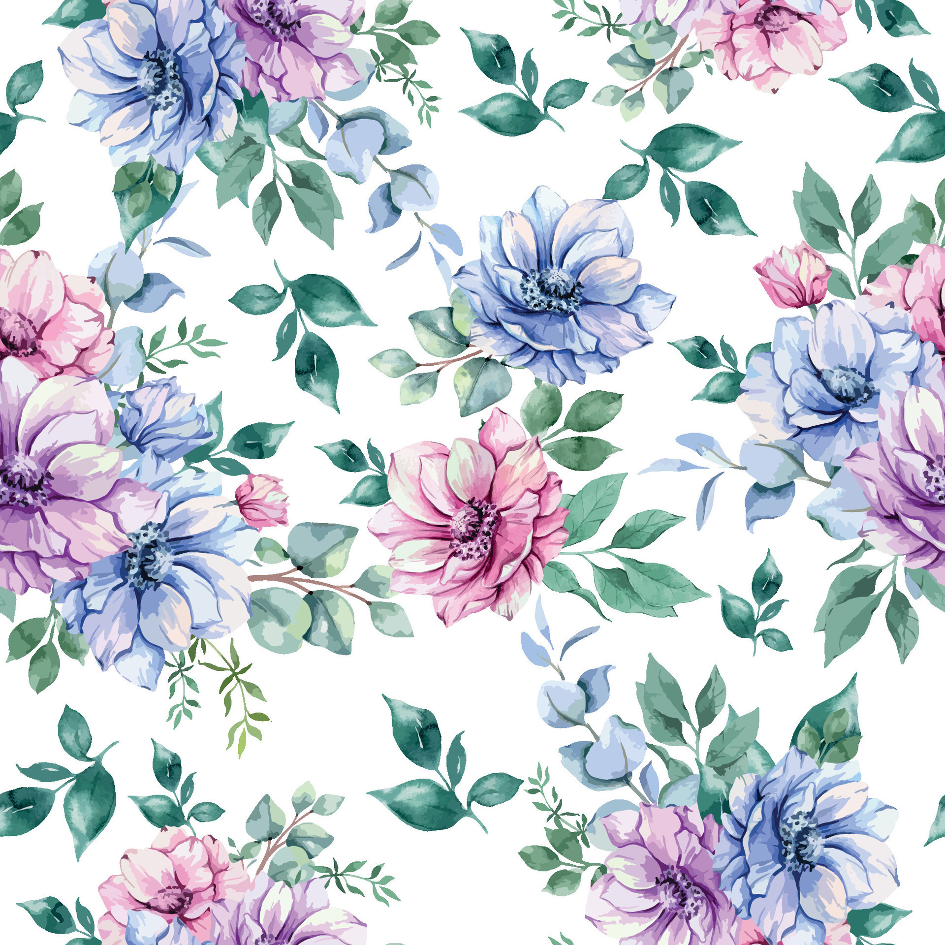 Elegant Floral Seamless Pattern With Watercolor Anemone Flowers And
