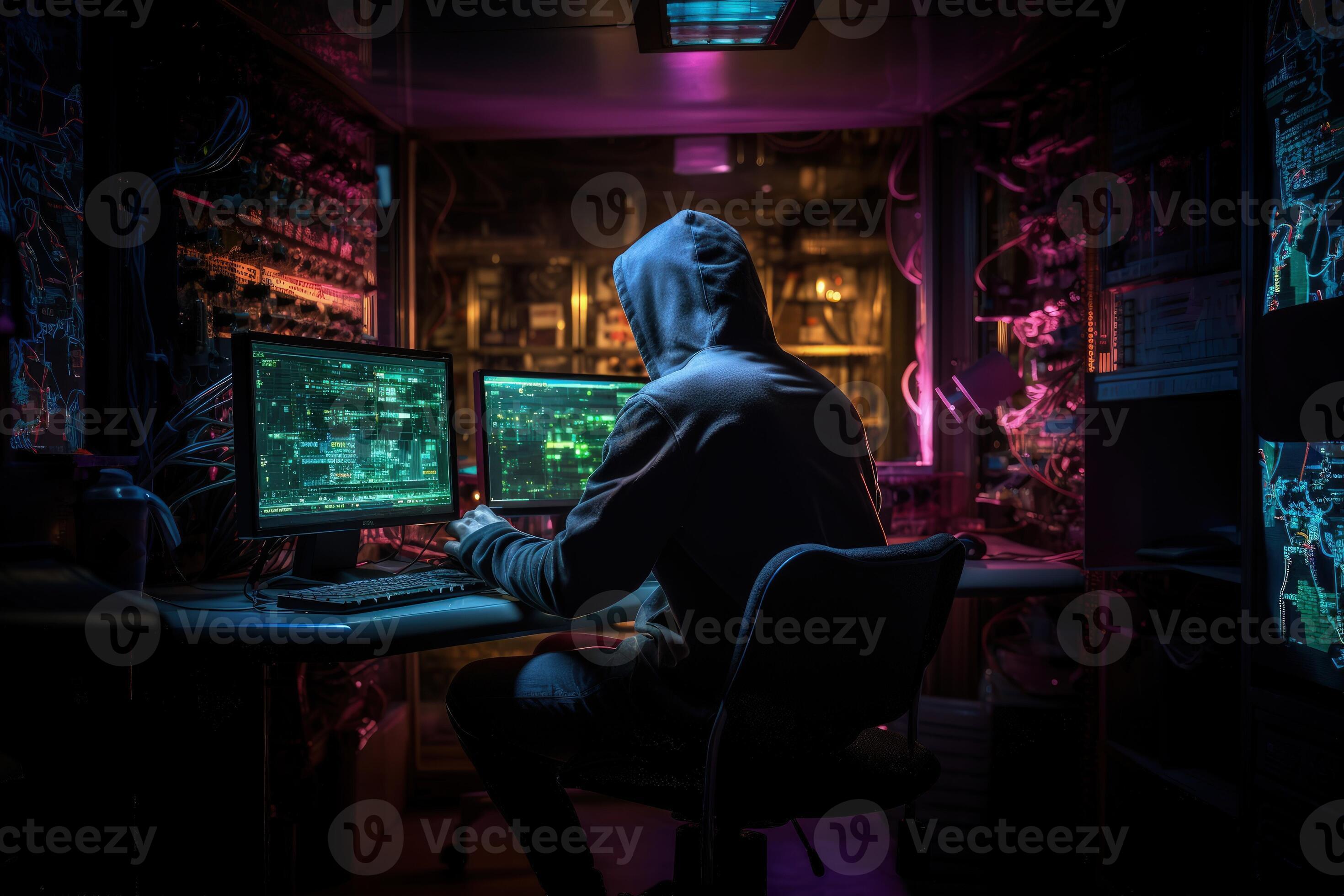Programmer Working On Computers With Multiple Monitors Security System Cyber Attack Generative