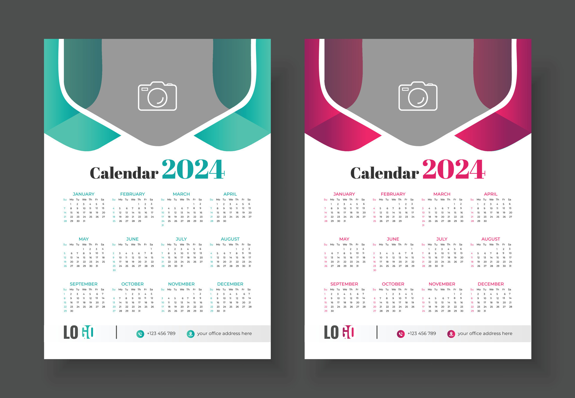 Modern wall calendar design 2024 template. Print Ready One Page wall ...