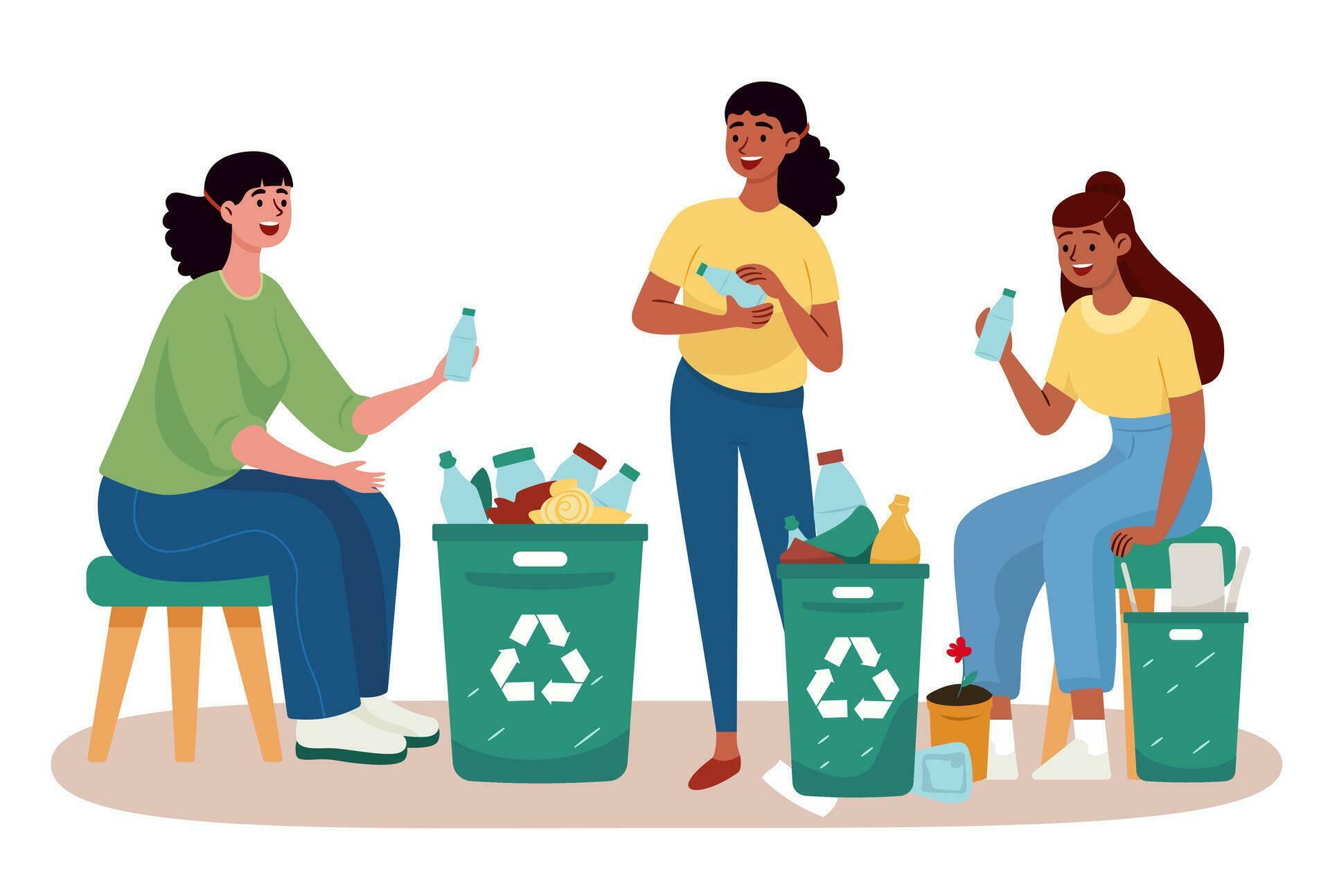 People are sorting bottles, cardboard paper, and other, Waste sorting into recycling bins, save ...