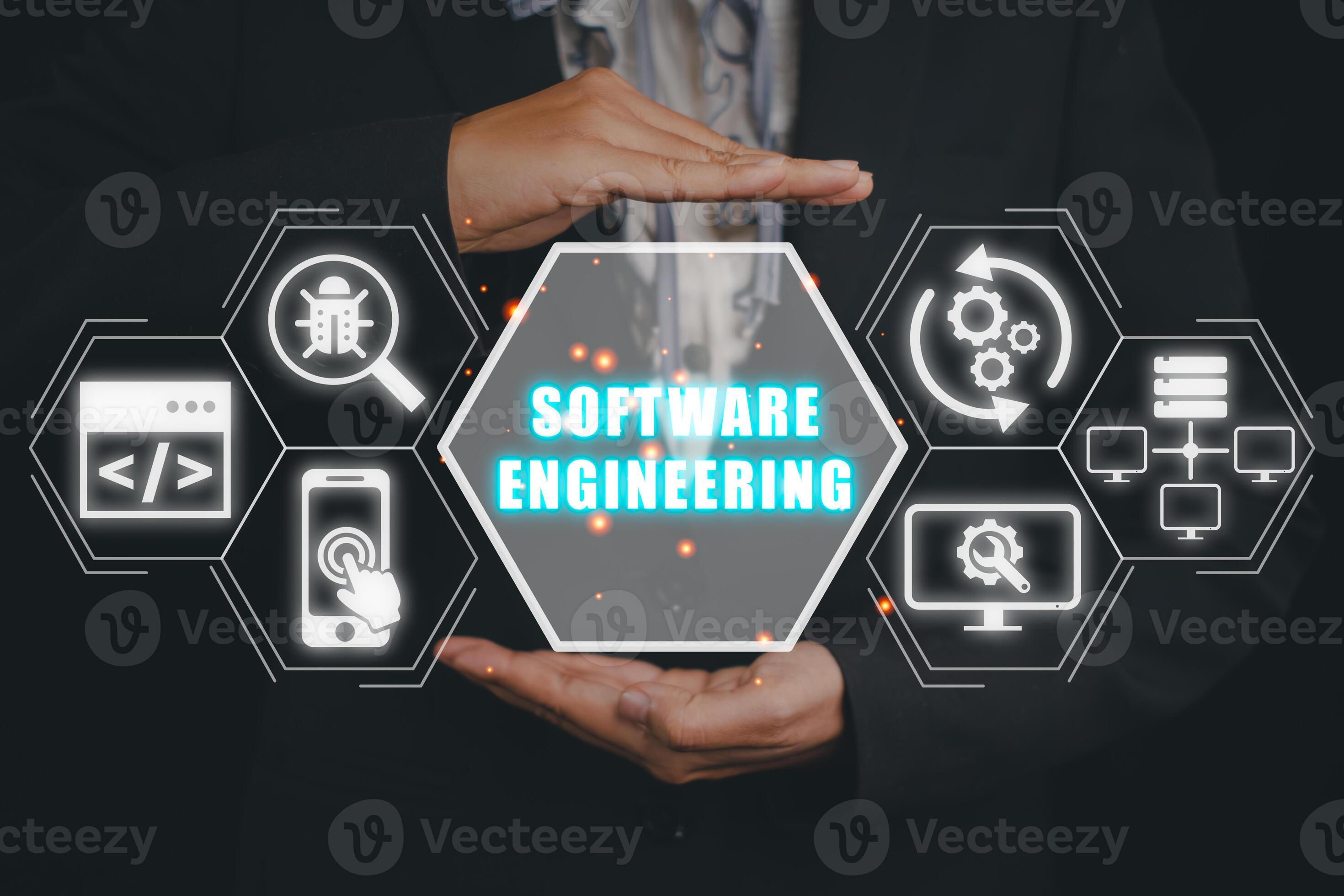 Software engineering concept, Businesswoman hand holding software ...