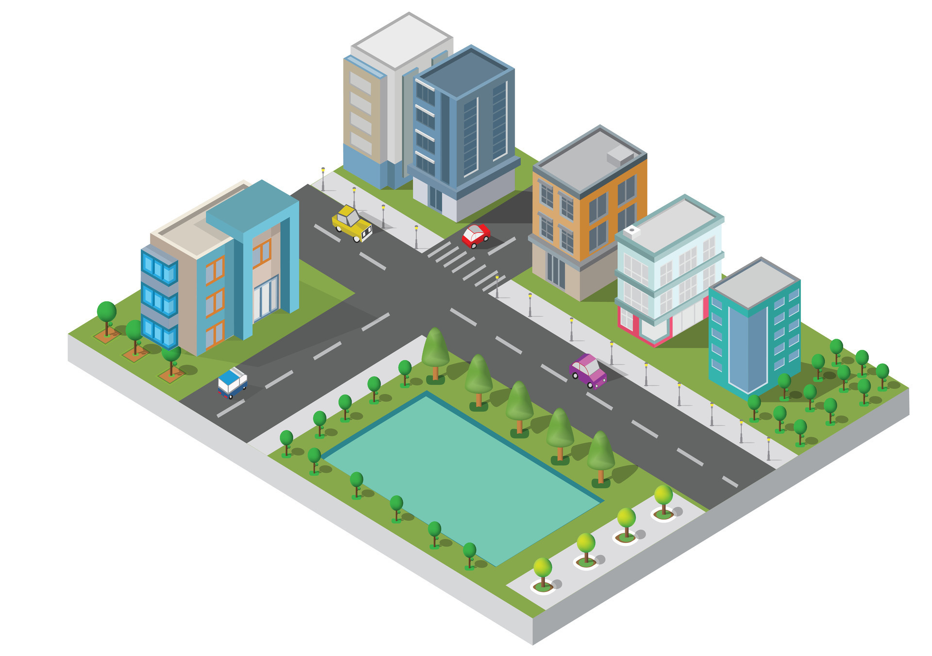 Set of Isometric Building vector.They are on Yard.The river with road and trees. building 3d ...
