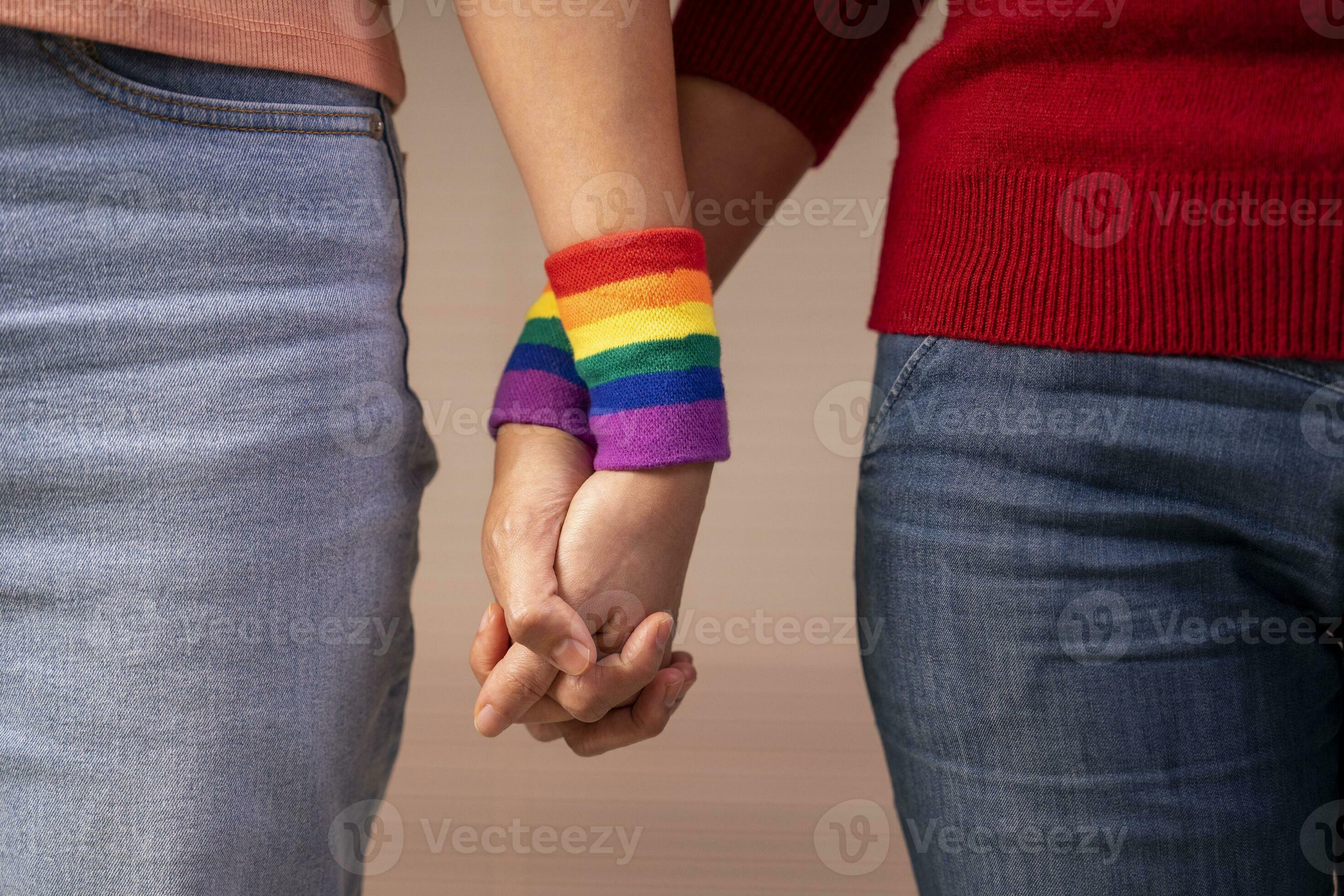 Romantic Lesbian Lover Wear Lgbt Rainbow Wristband Hands Holding