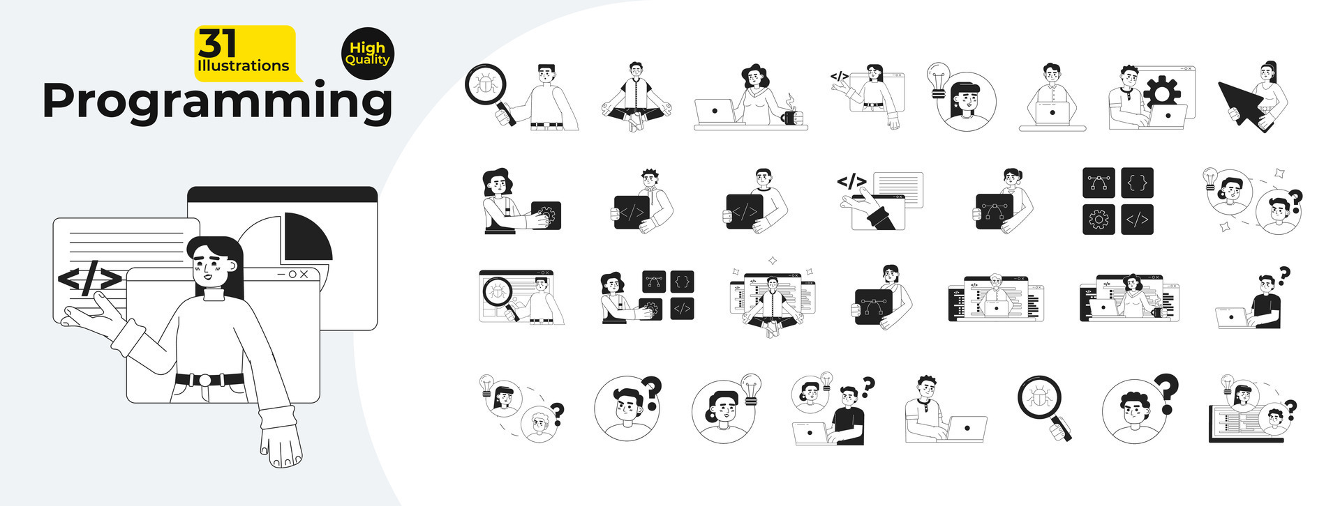 Programming monochrome concept vector spot illustrations bundle. Busy ...