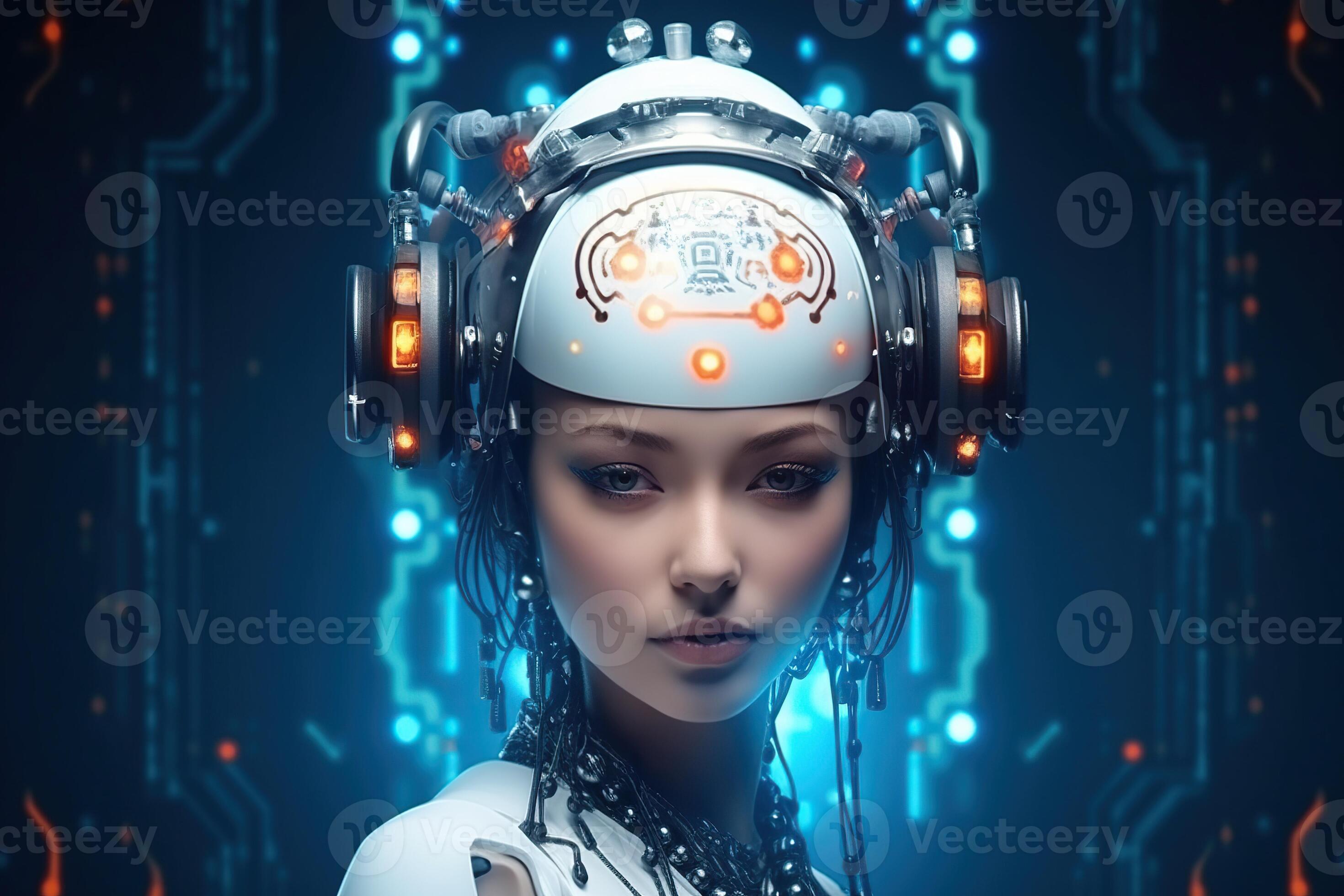 Illustration Of A Cyborg Woman And Ai Technology Background Ai