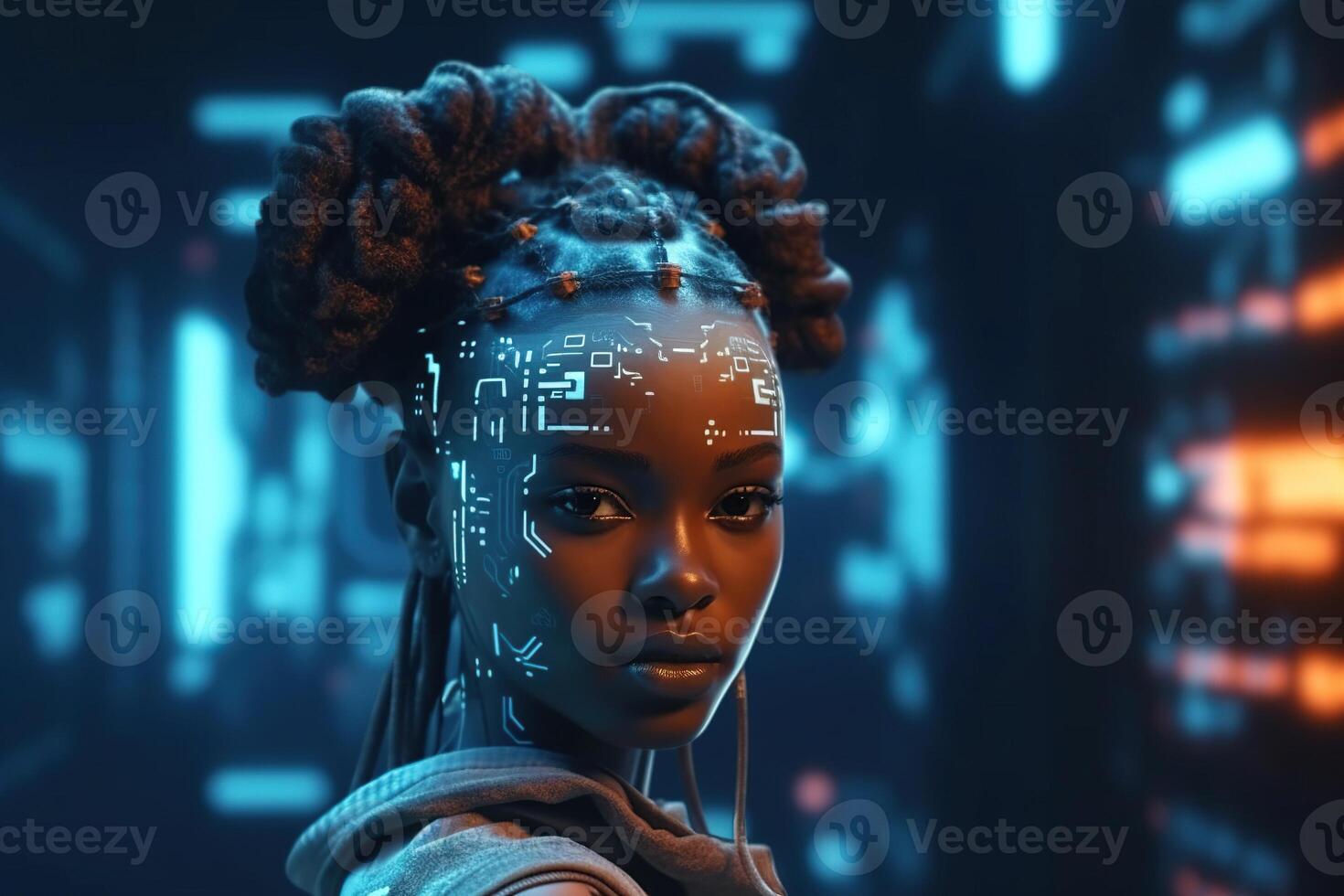 Illustration of a cyborg woman and Ai technology background , AI ...