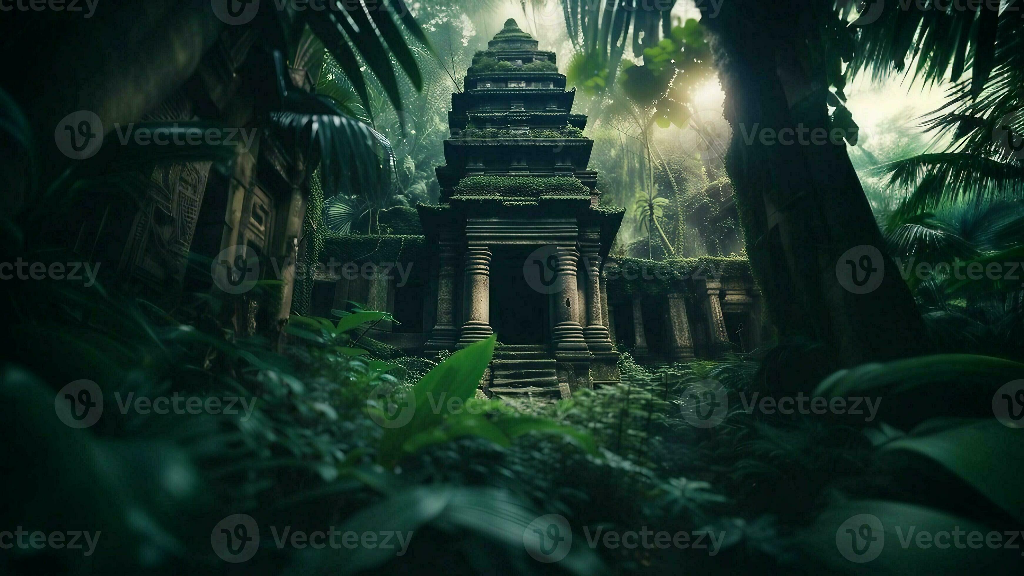 image of an ancient, overgrown temple hidden deep within a dense jungle, horror atmosphere full ...