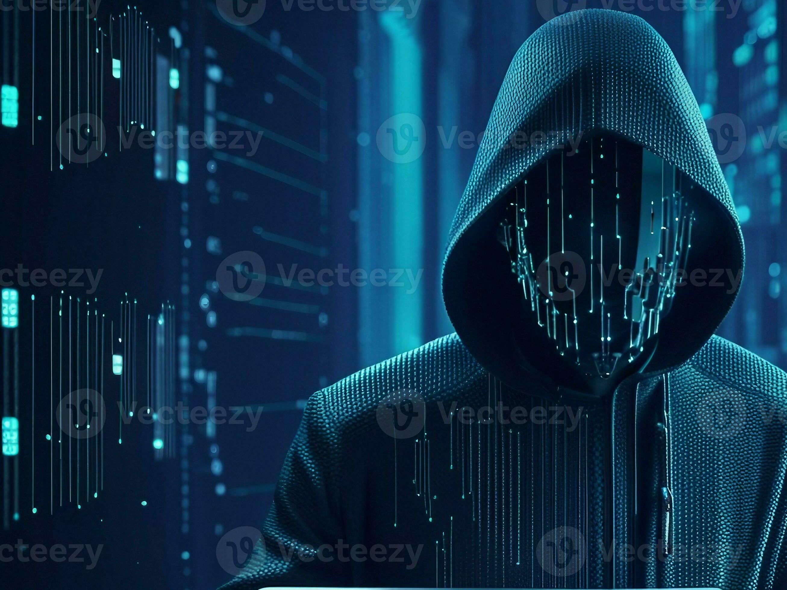Hooded computer hacker in the shadow with binary codes 26360658 Stock Photo at Vecteezy