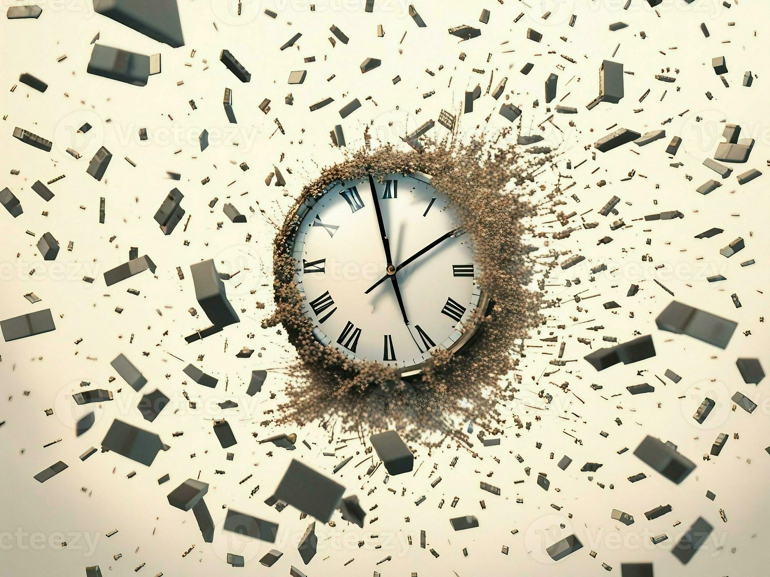 Time is running out concept shows clock that is dissolving away into little particles. time ...