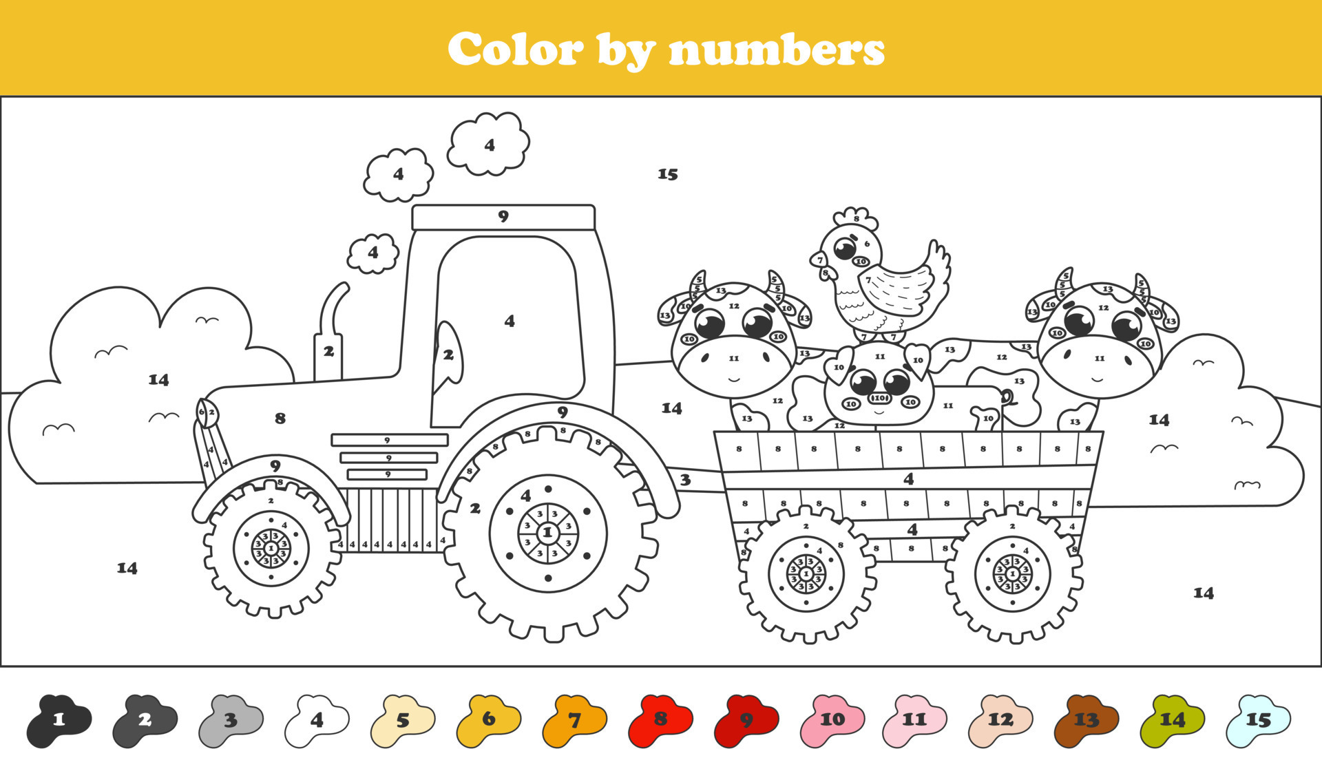 Color by numbers page with tractor and farm animals - cows, pig and hen ...