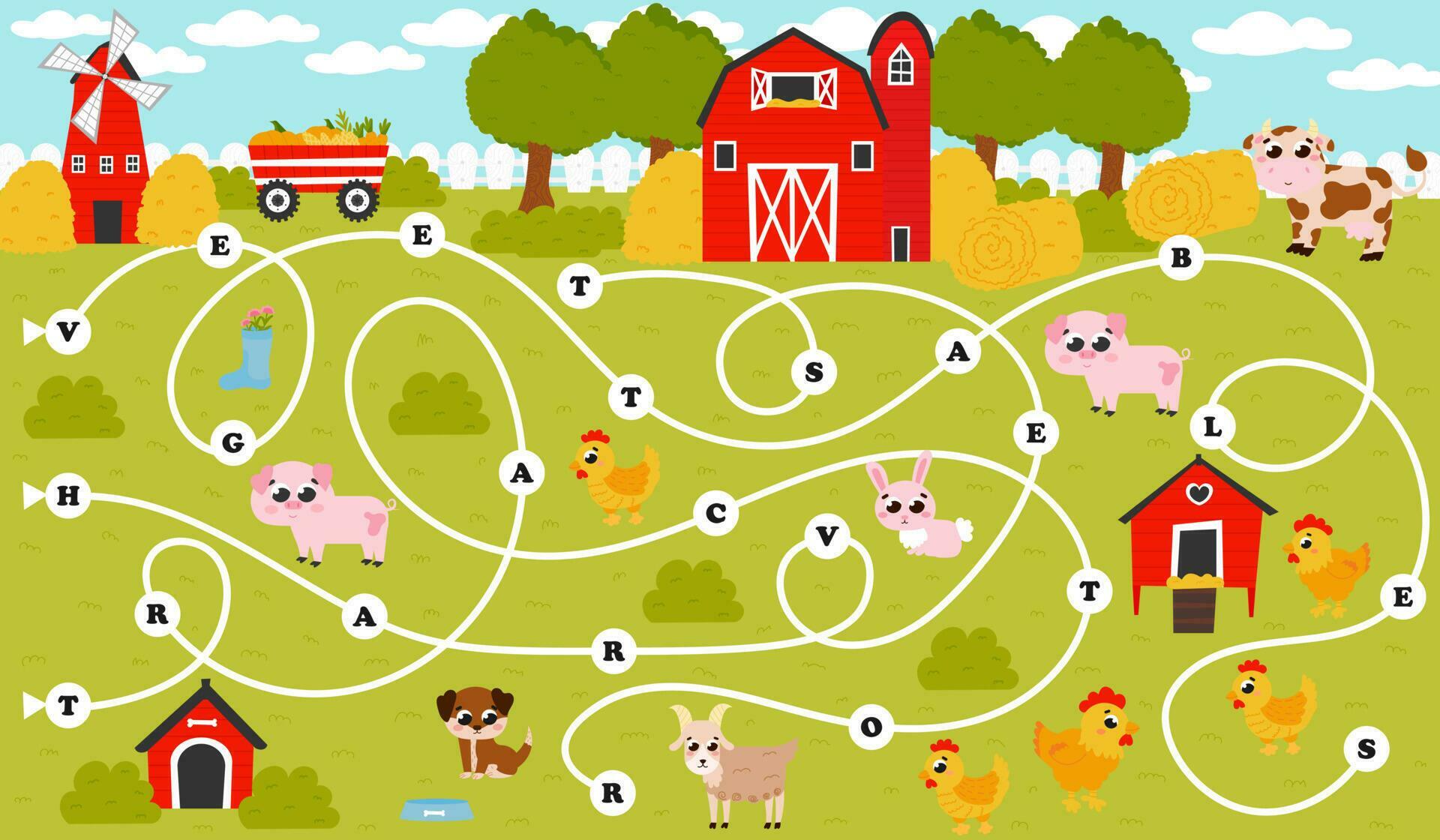 Word maze game for kids with farming themed tangled road, printable ...