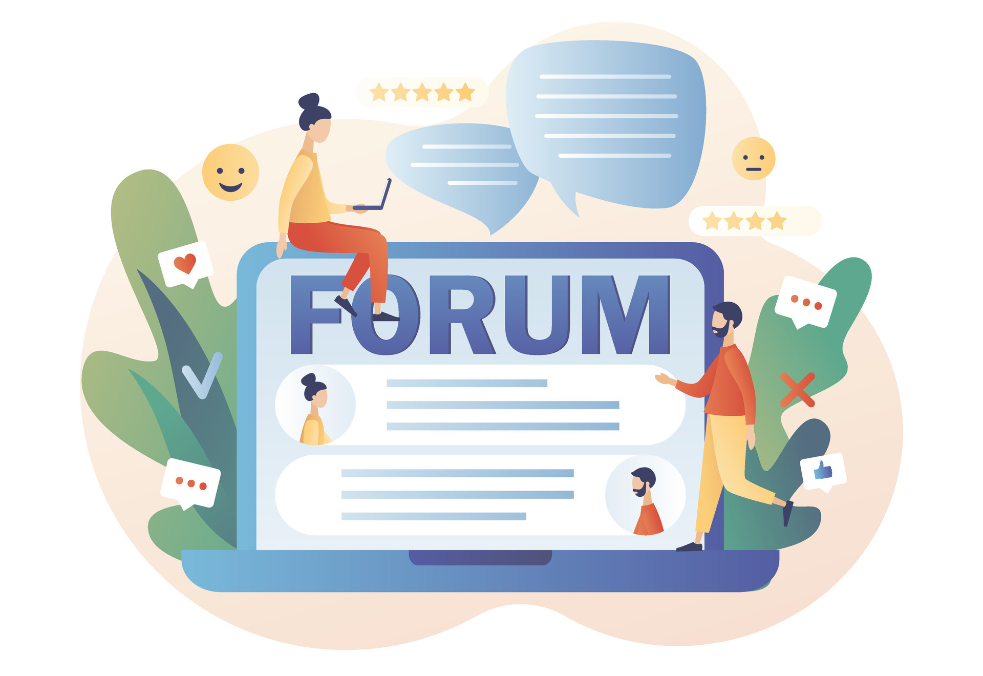 Tiny people communication in community group. Online forum concept. Internet chat messages ...