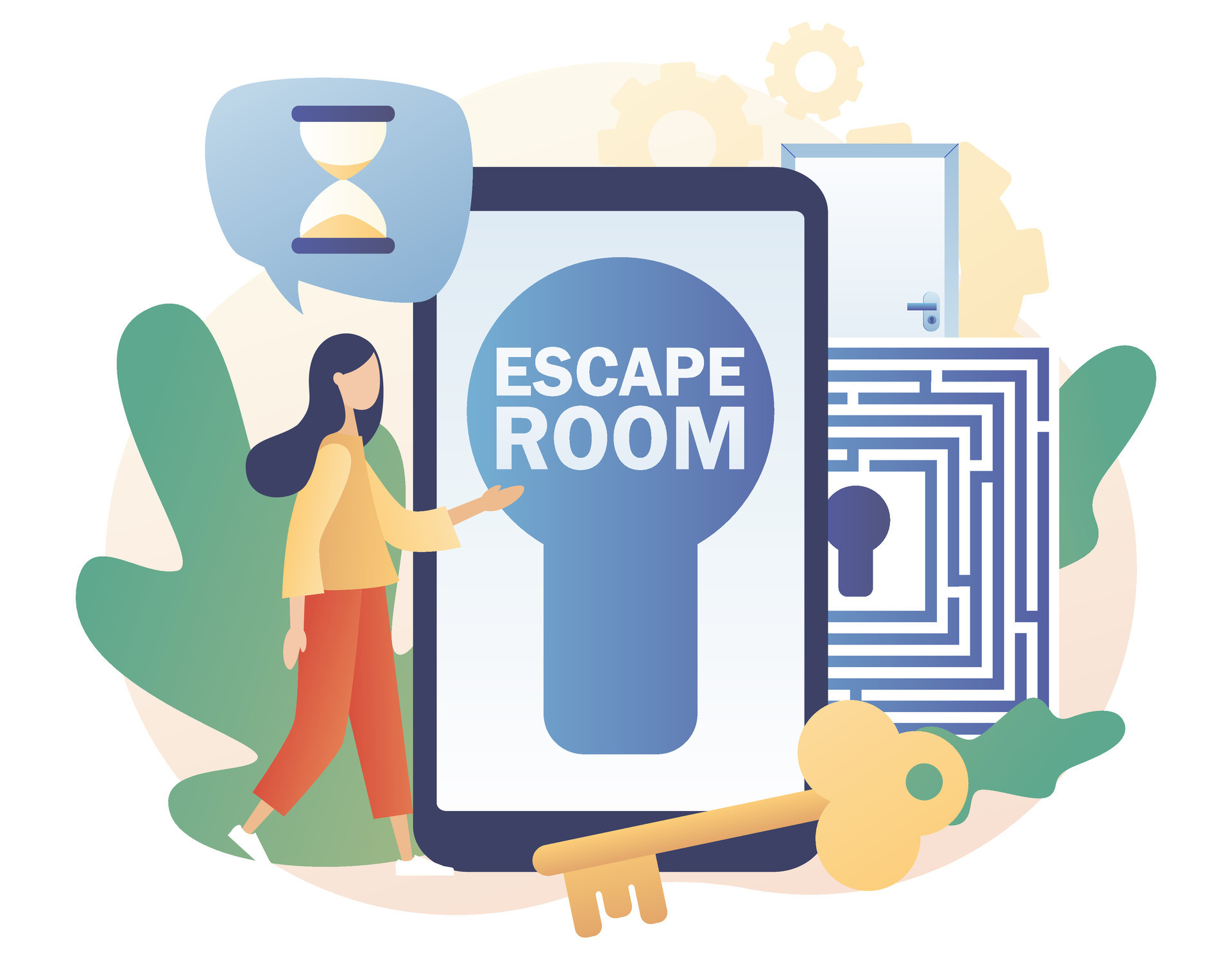 Quest room. Escape room smartphone app. Tiny girl trying to solve ...
