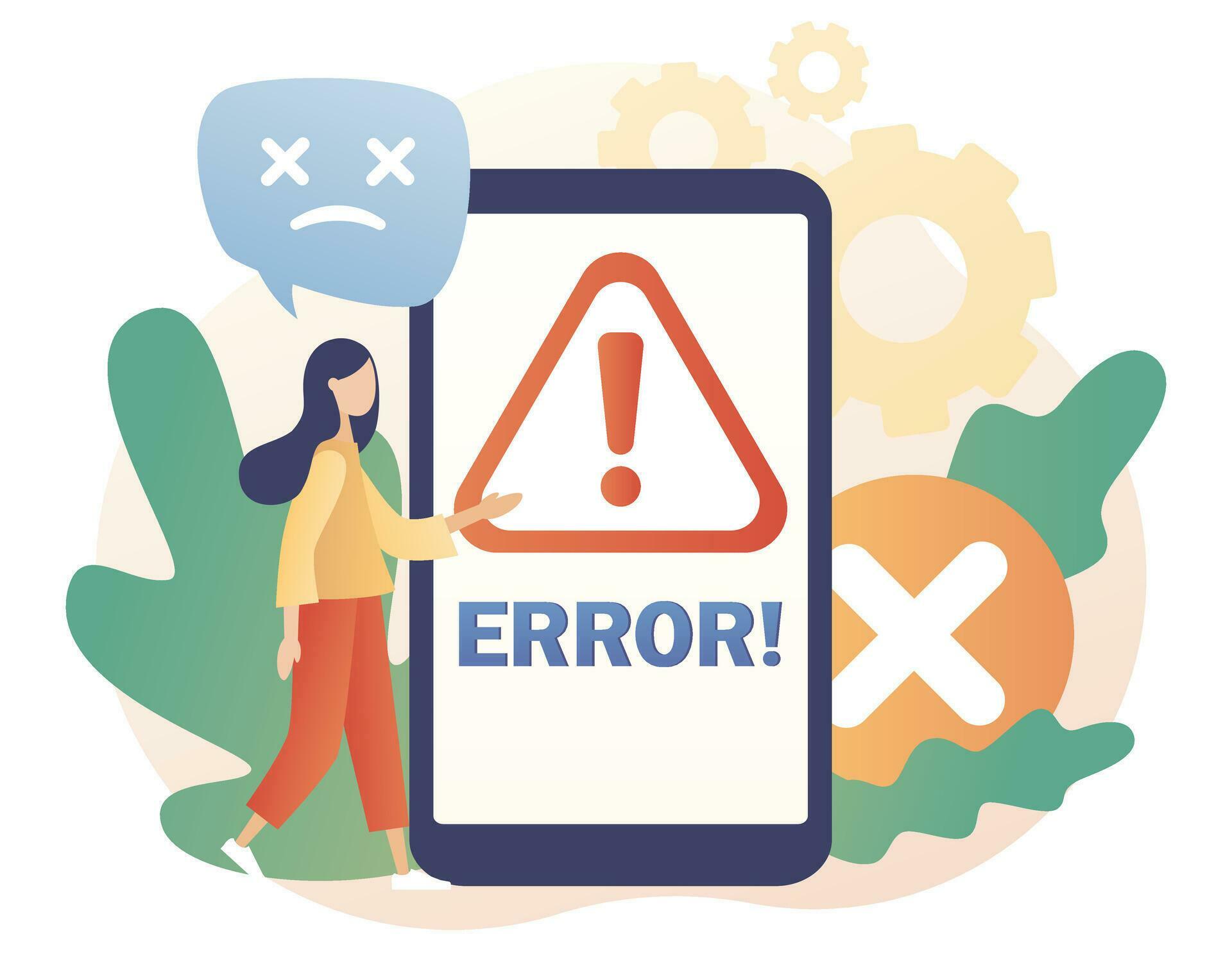 Tiny Woman Examining Operating System Error Warning Window On Phone
