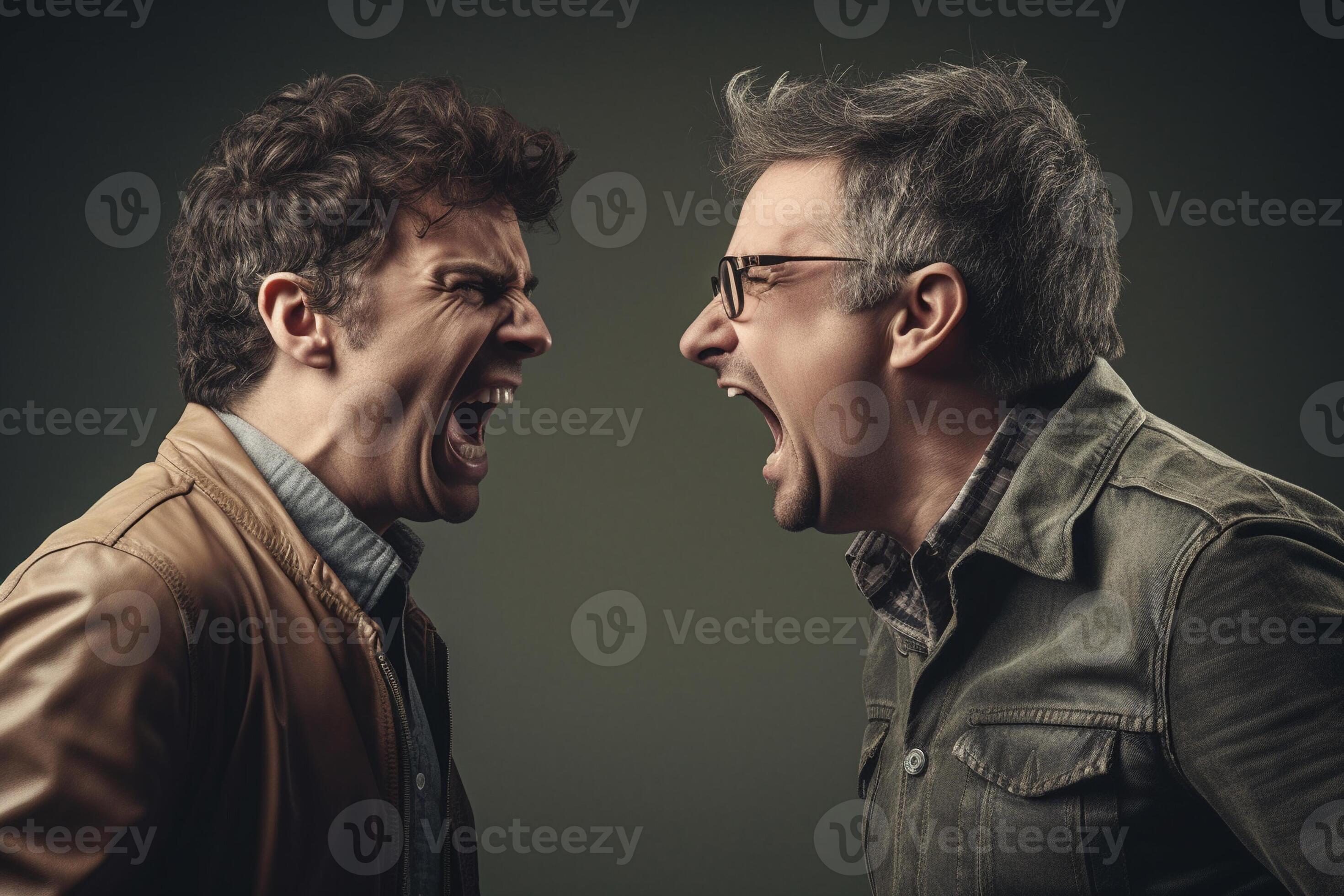 Two angry men shouting at each other on a dark background. Aggressive ...