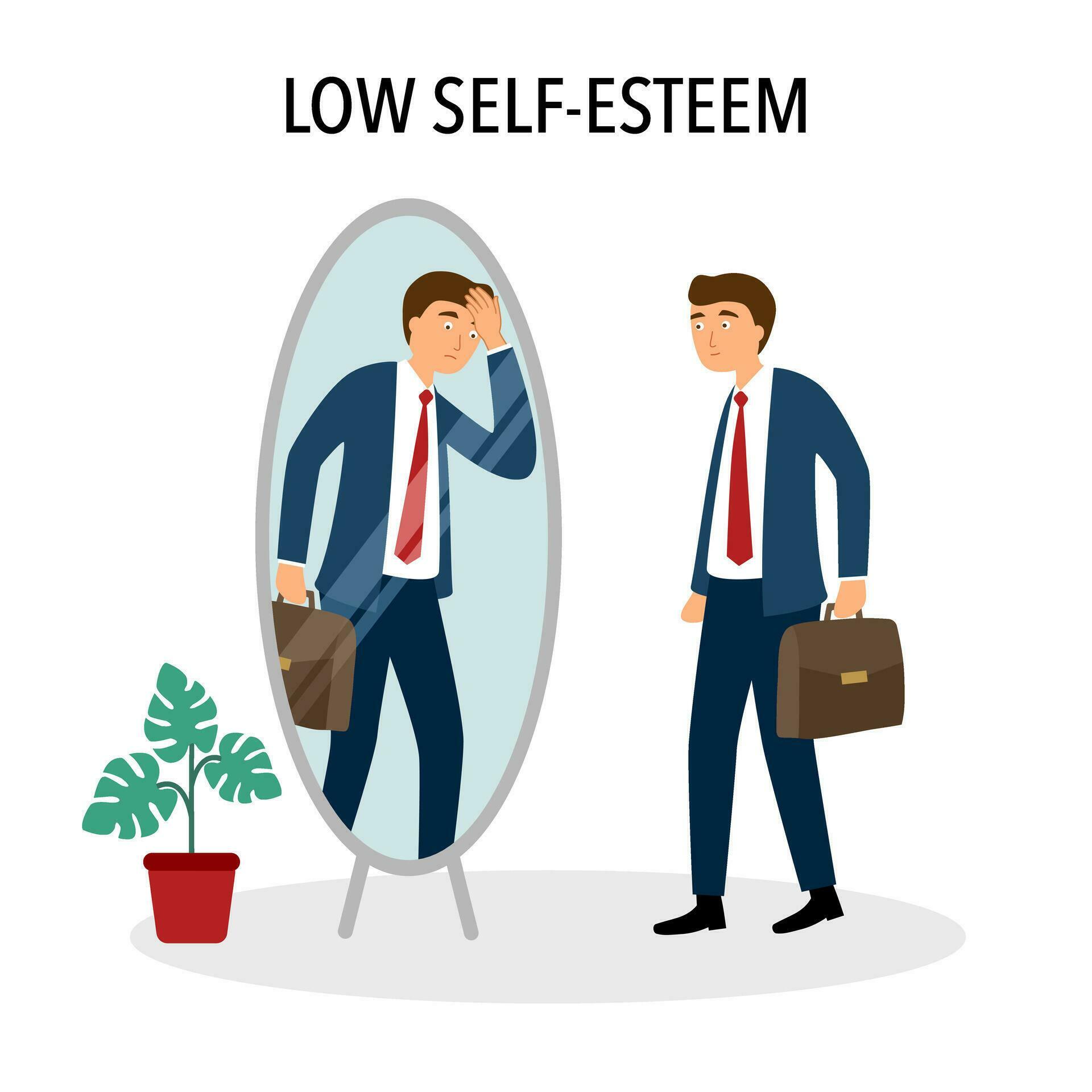 Low self esteem concept vector illustration. Businessman standing in front of mirror with low ...