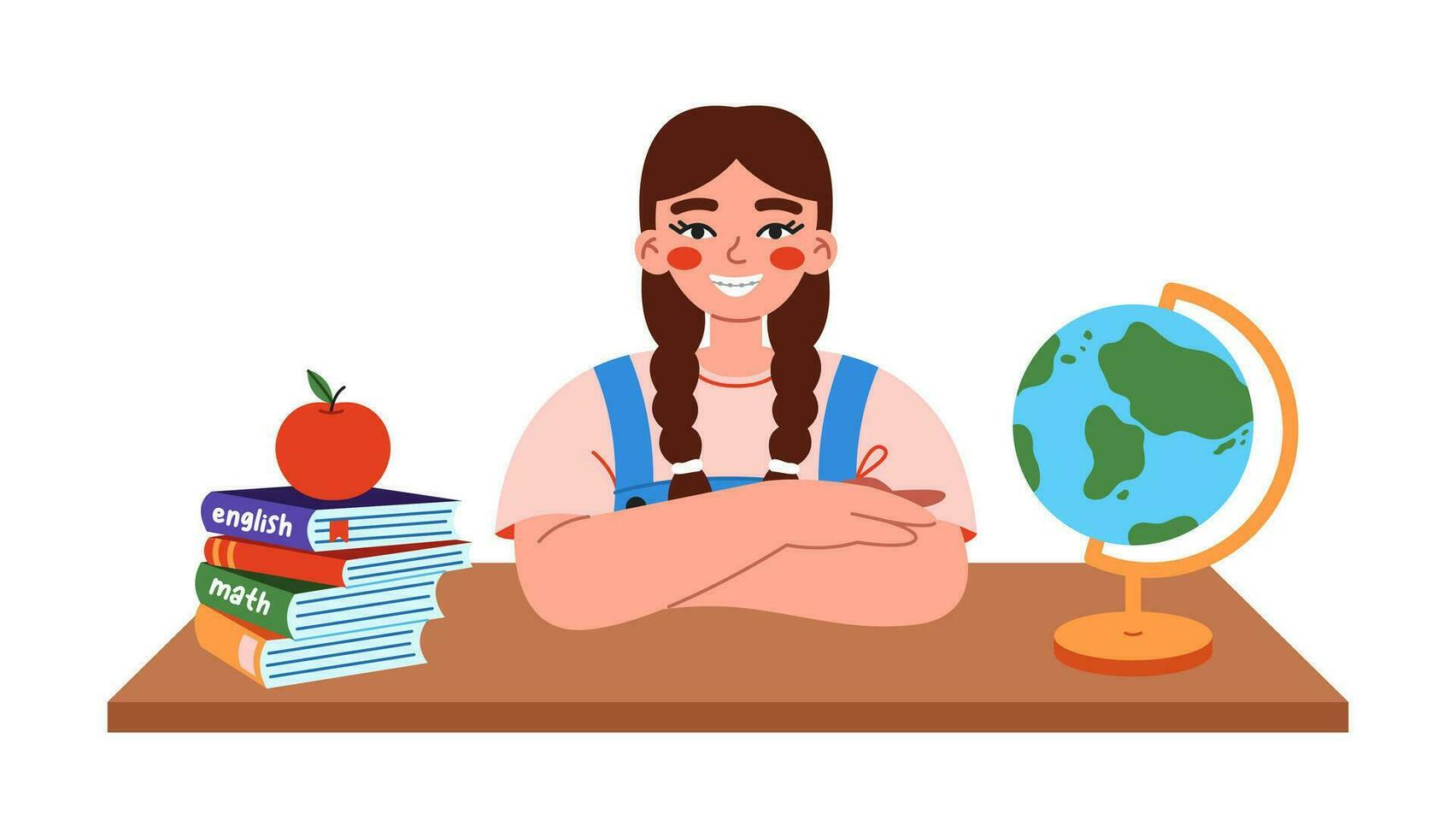 Cute school girl sitting at desk on lesson. Flat vector illustration on ...