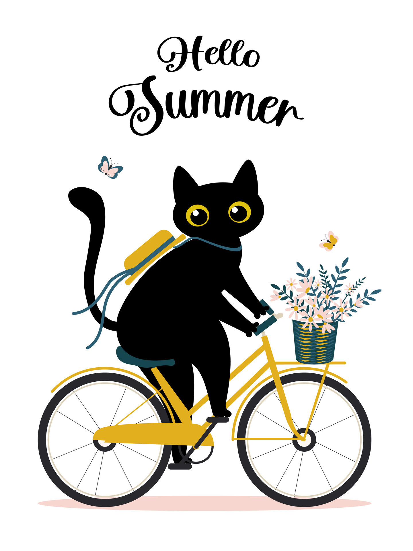 Hola verano. un linda negro gato paseos un bicicleta y disfruta el comenzando de verano ...