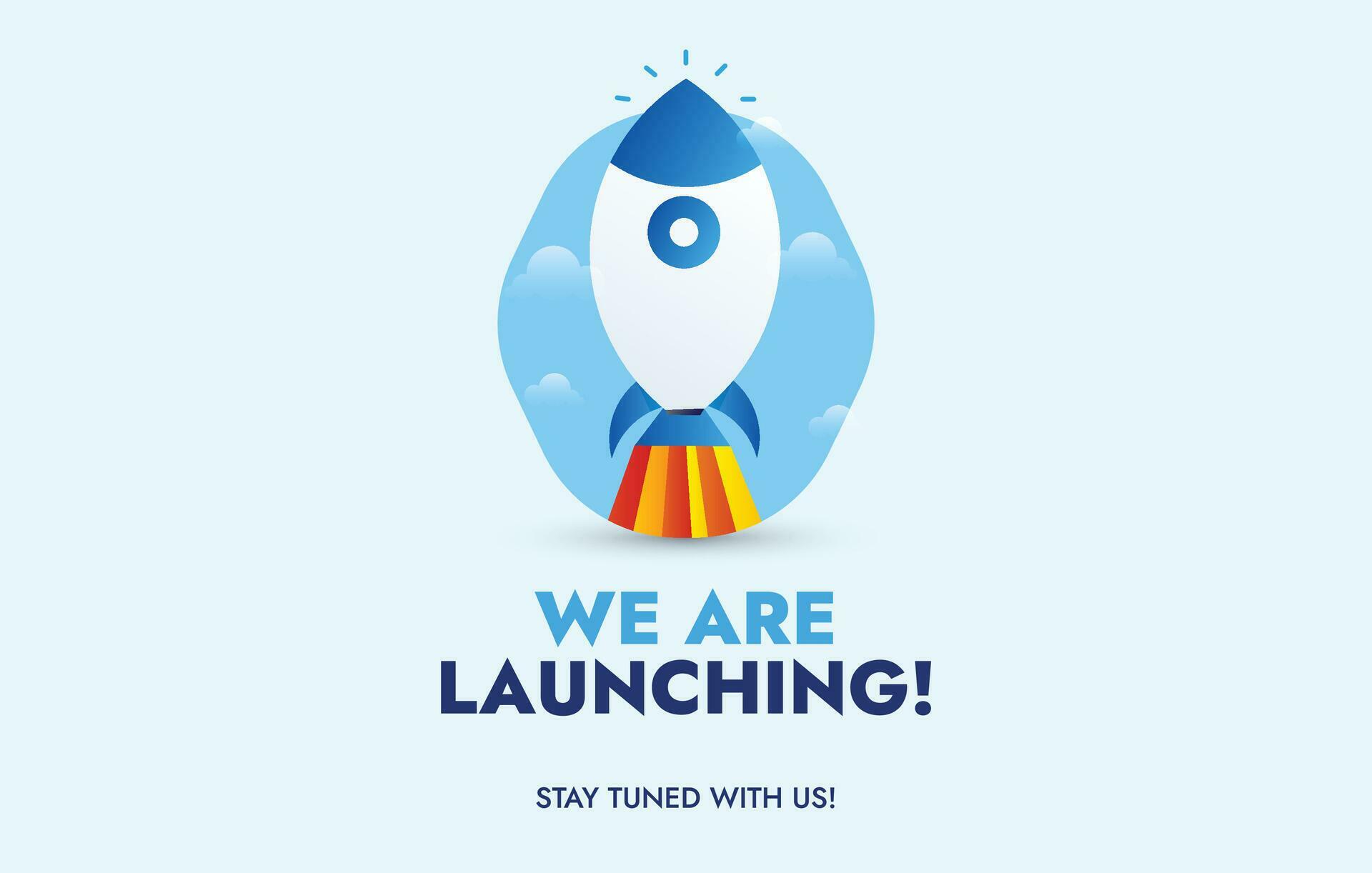 We are launching soon. Startup rocket launch with fire. New business announcement cover ...