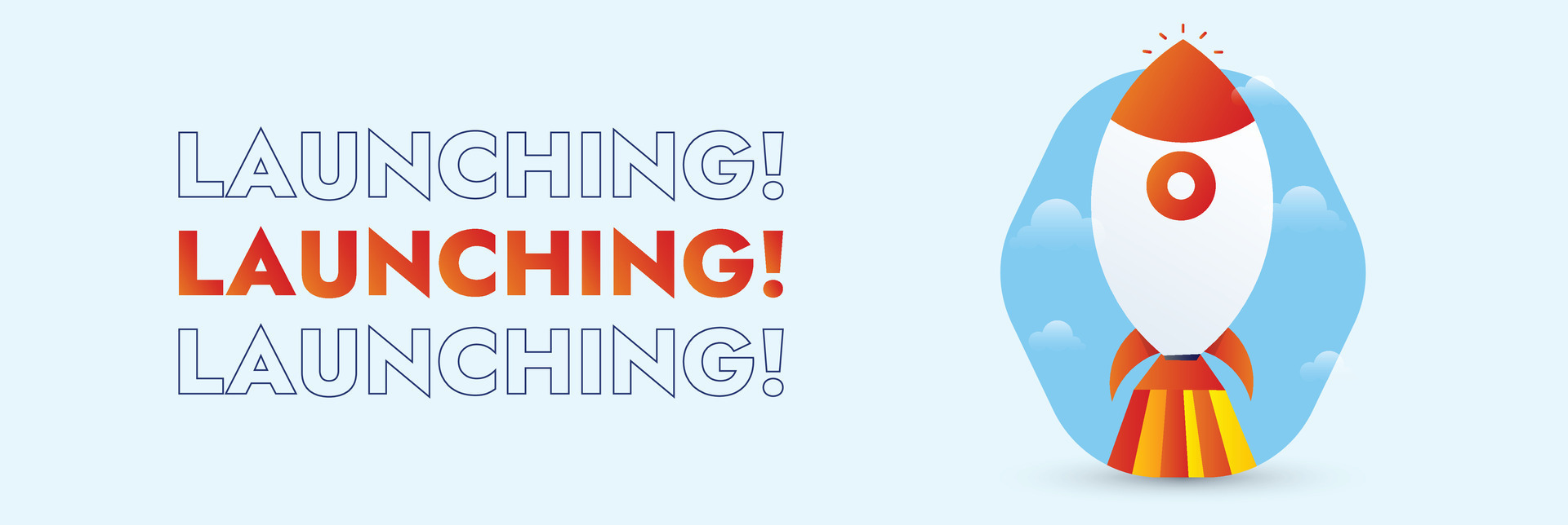 We are launching soon. Startup rocket launch with fire. New business announcement cover ...