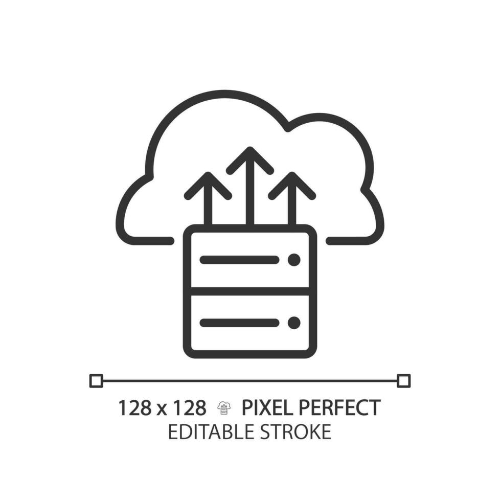 Cloud backup pixel perfect linear icon. Remote server for digital data. Save important ...