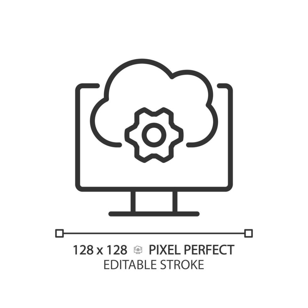 Cloud based software pixel perfect linear icon. Application online support. Computing technology ...