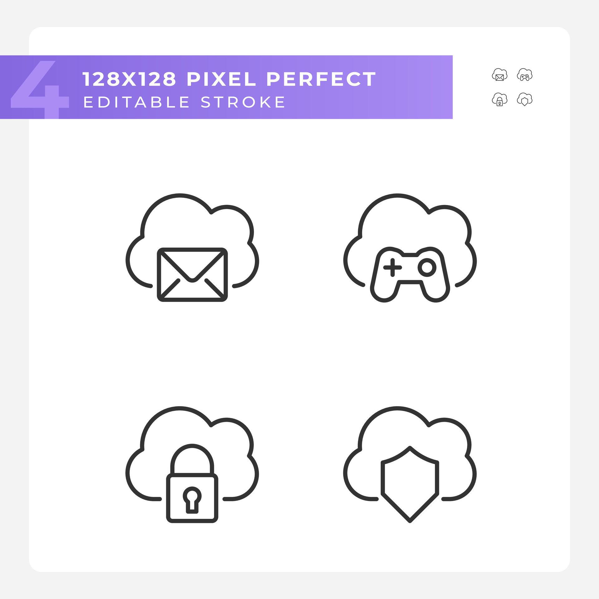 Purposes of cloud computing pixel perfect linear icons set. Online servers in multiple spheres ...