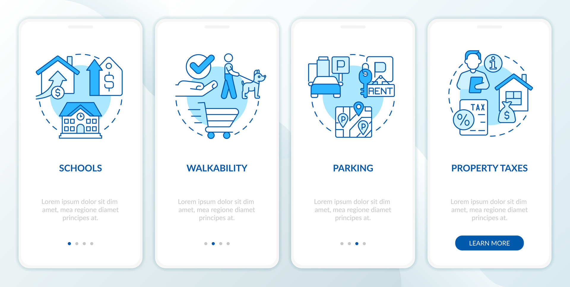 Best Neighborhoods Blue Onboarding Mobile App Screen Real Estate Walkthrough 4 Steps Editable