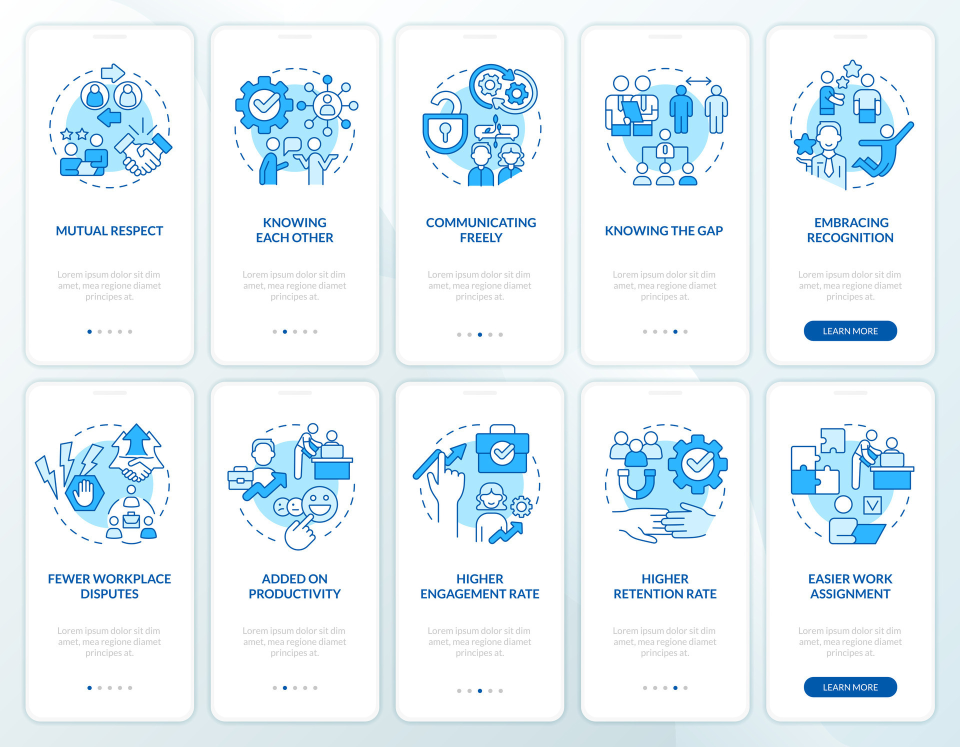 Employee Employer Relationship Blue Onboarding Mobile App Screen Set Walkthrough 5 Steps