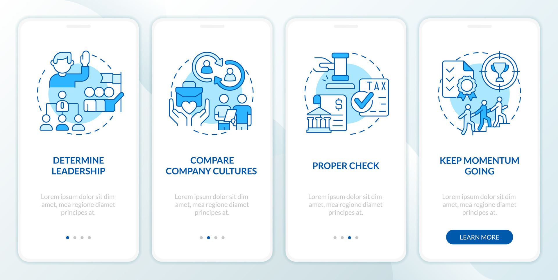 Small Business Merger Guide Blue Onboarding Mobile App Screen Walkthrough 4 Steps Editable