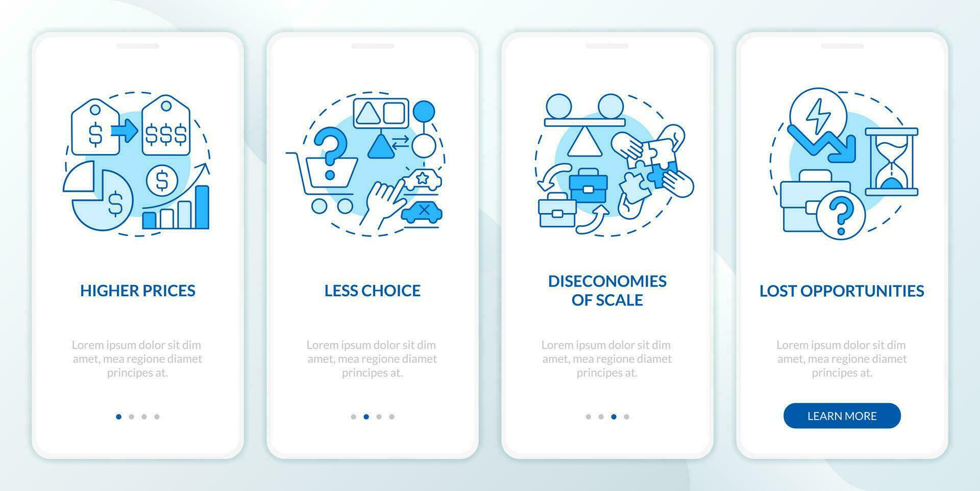Cons Of Mergers Blue Onboarding Mobile App Screen Less Choice Walkthrough 4 Steps Editable