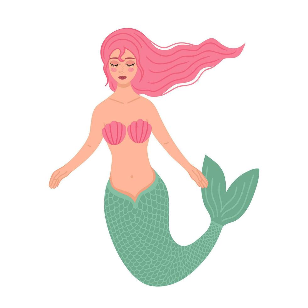 Linda Sirena Con Rosado Cabello Ilustración Para Impresión Antecedentes Cubre Y Embalaje