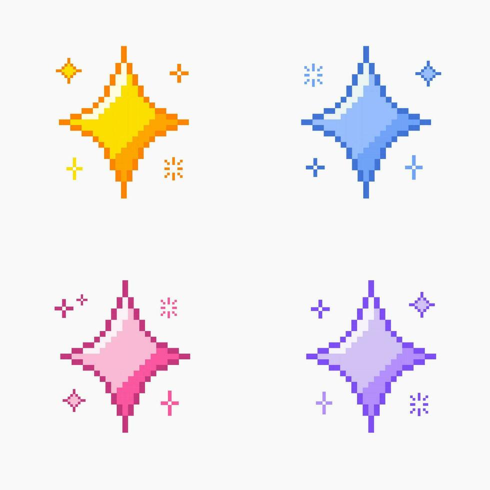 Glitter Stars, sparkling stars pixel art, Bright yellow pink purple blue sparkling pixel art set ...