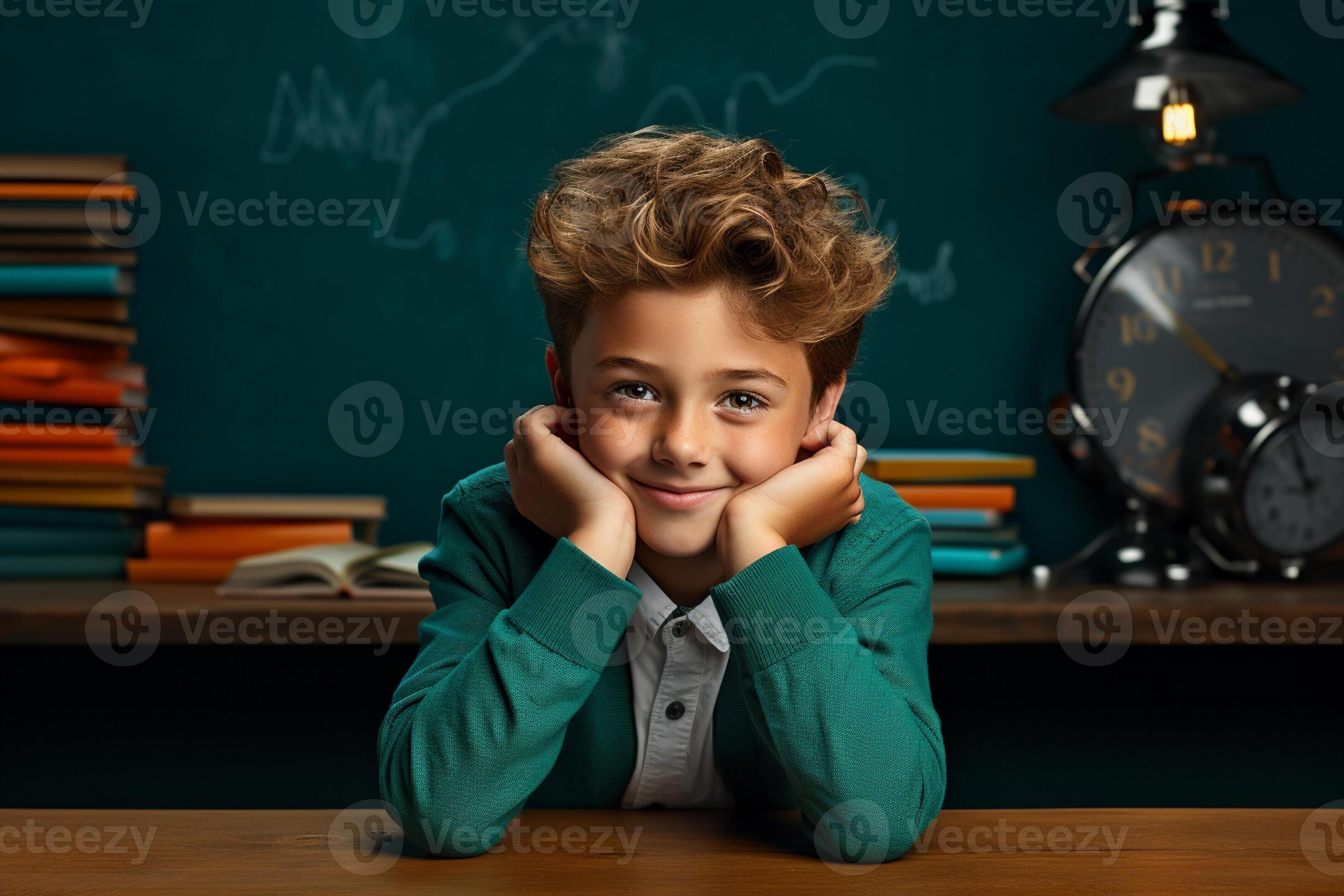a young boy posing in front of chalkboard with back to school concept ...