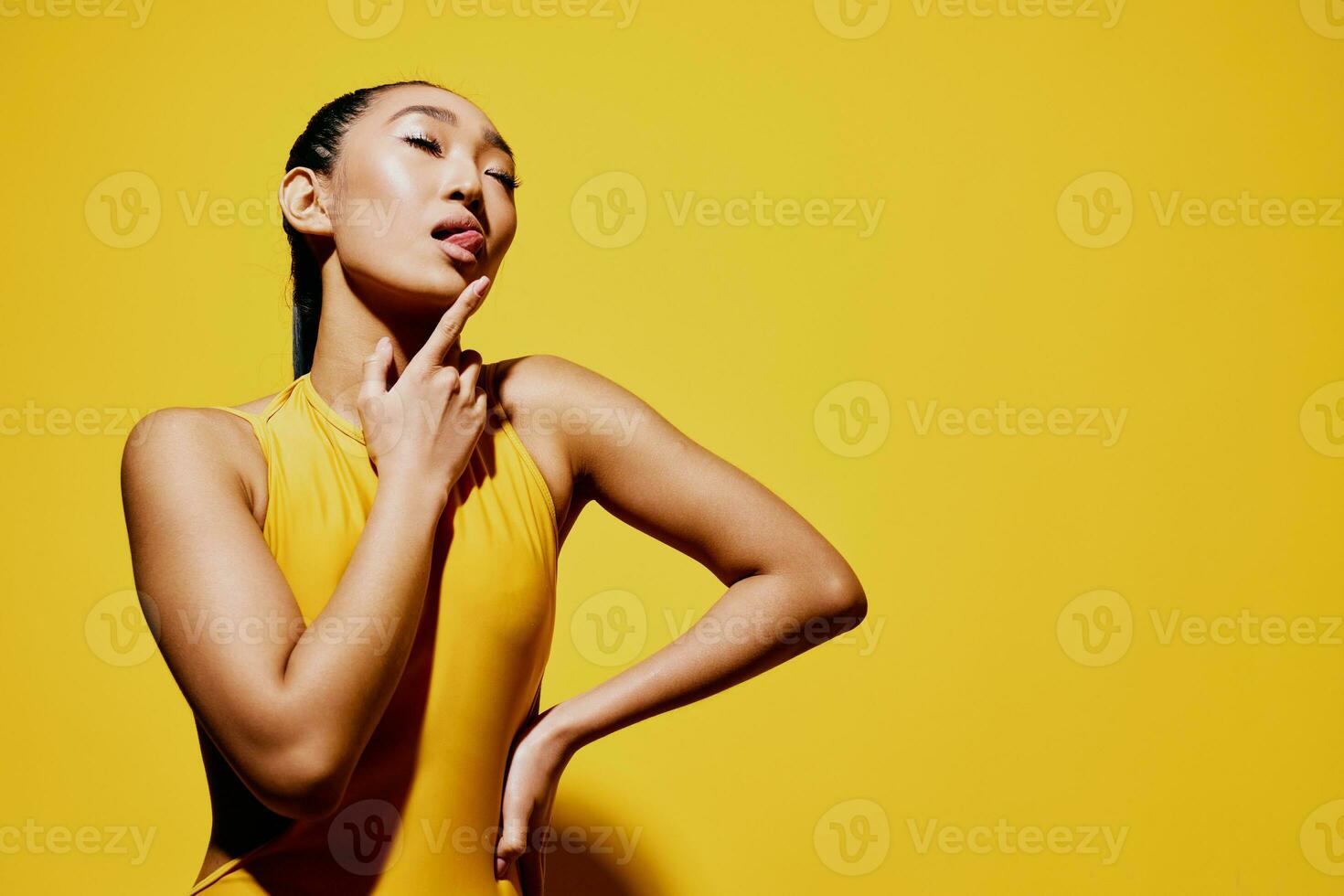 Yellow Woman Trendy Summer Beauty Fashion Swimsuit Portrait Surprised