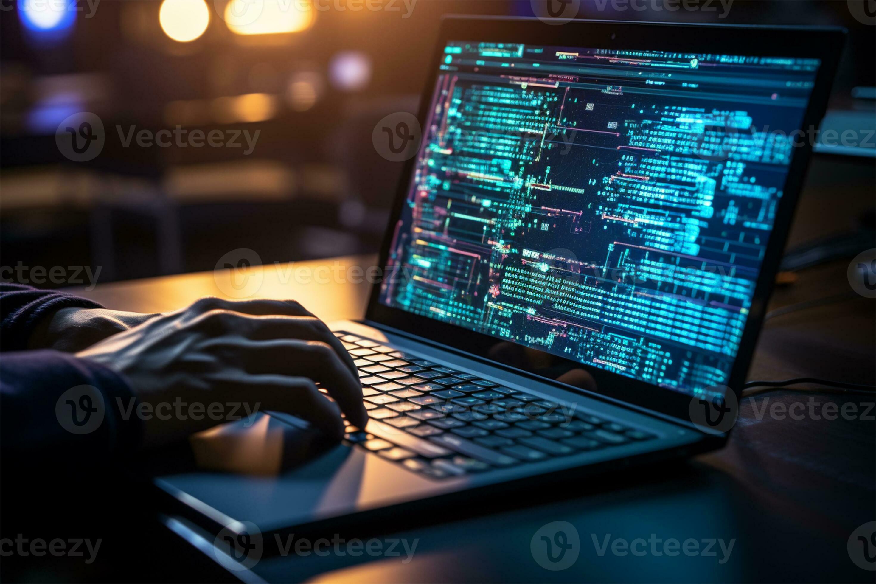 Professional Development Programmer Typing On A Laptop Computer Keyboard Screens Show Coding