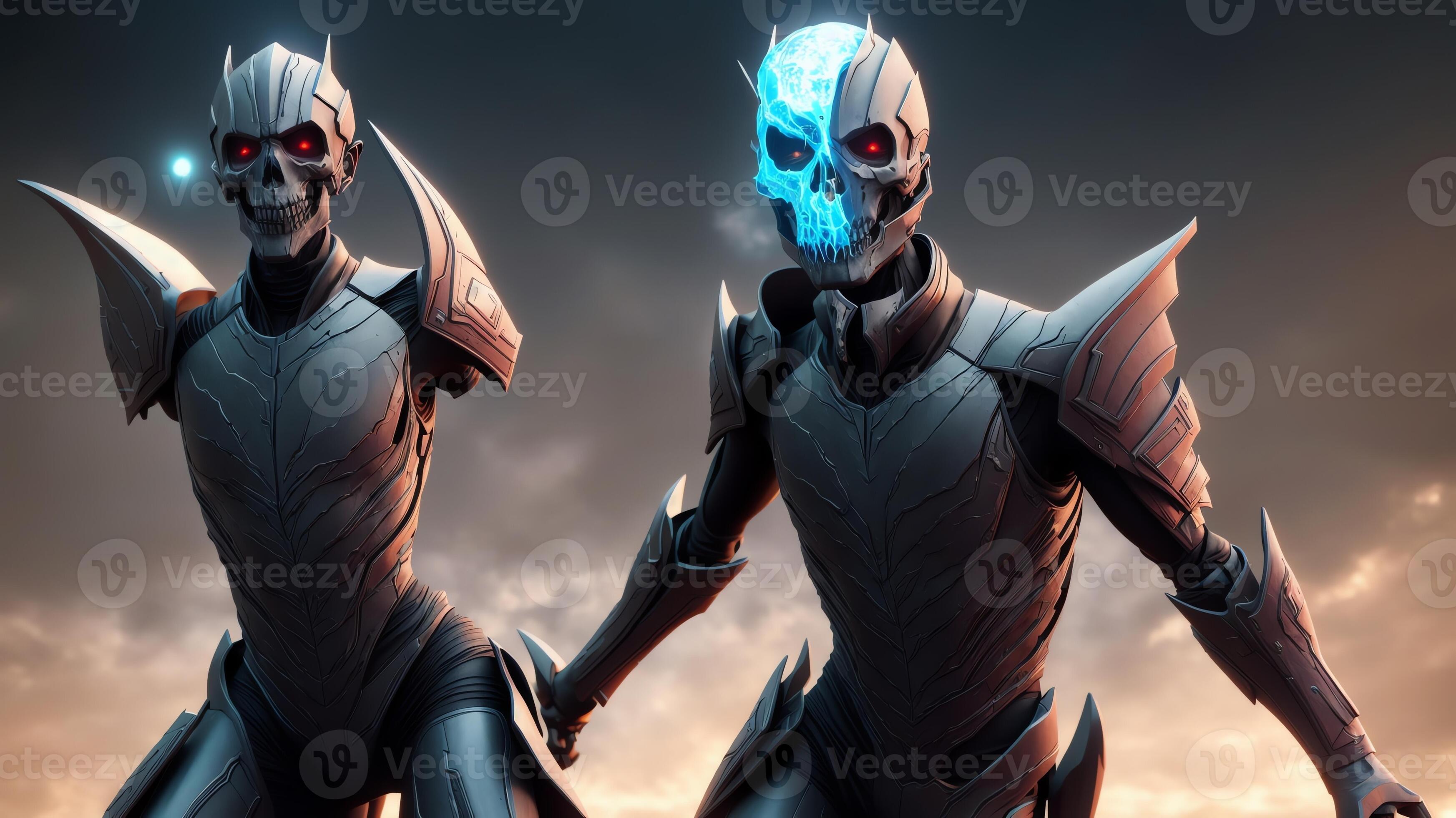 Two Humanoids Standing Next To Each Other In Front Of A Cloudy Sky. 26422036 Stock Photo at Vecteezy