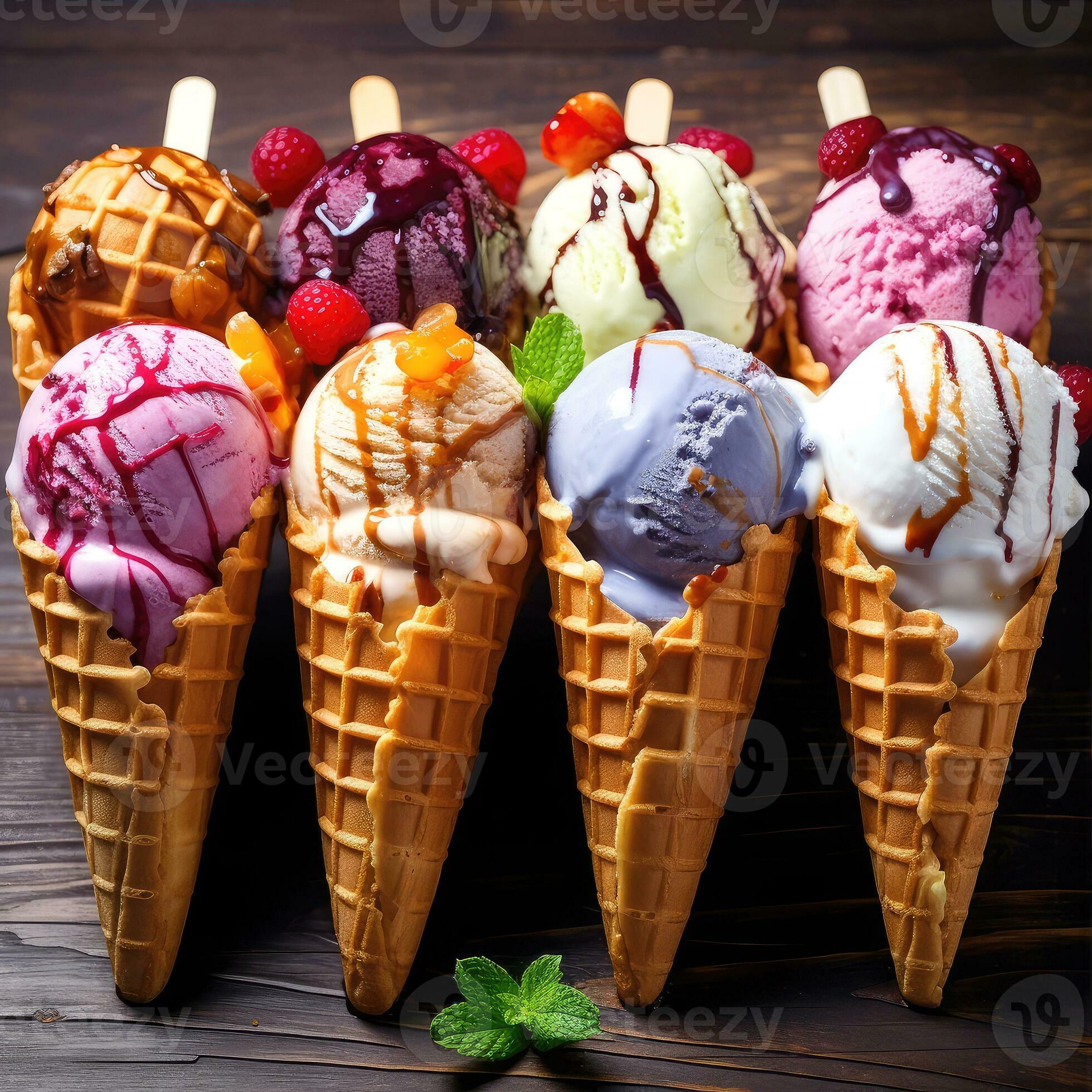 Asorted Of Ice Cream Scoops With Cones In Row On Black Background Colorful Set Of Ice Cream