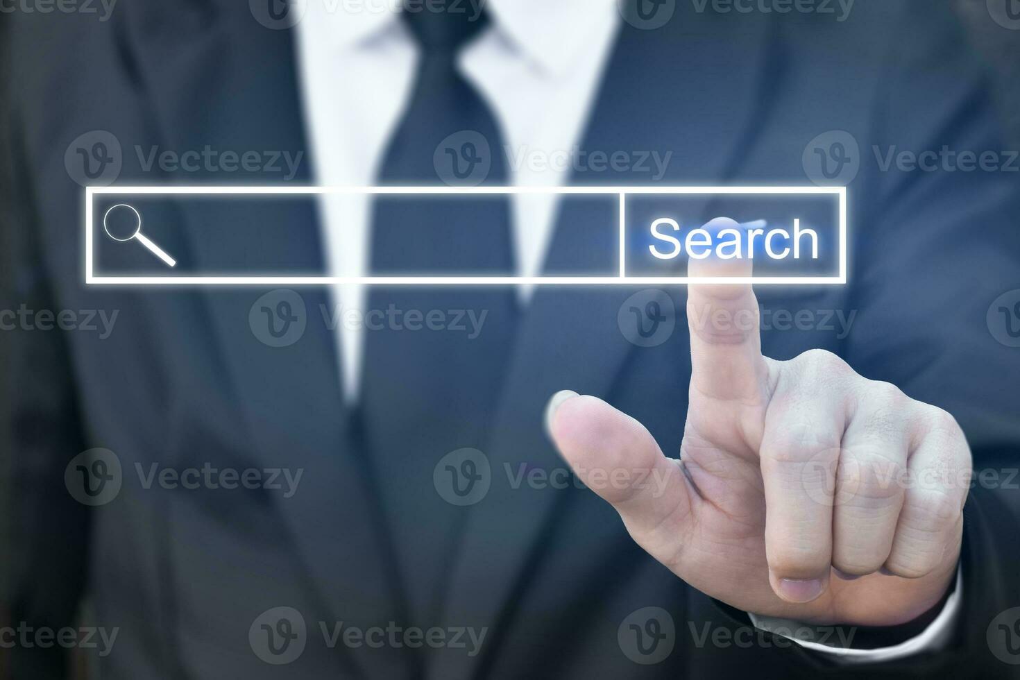 Businessman clicking internet search page on virtual screen. Concept of ... Businessman clicking internet search page on virtual screen. Concept of ...