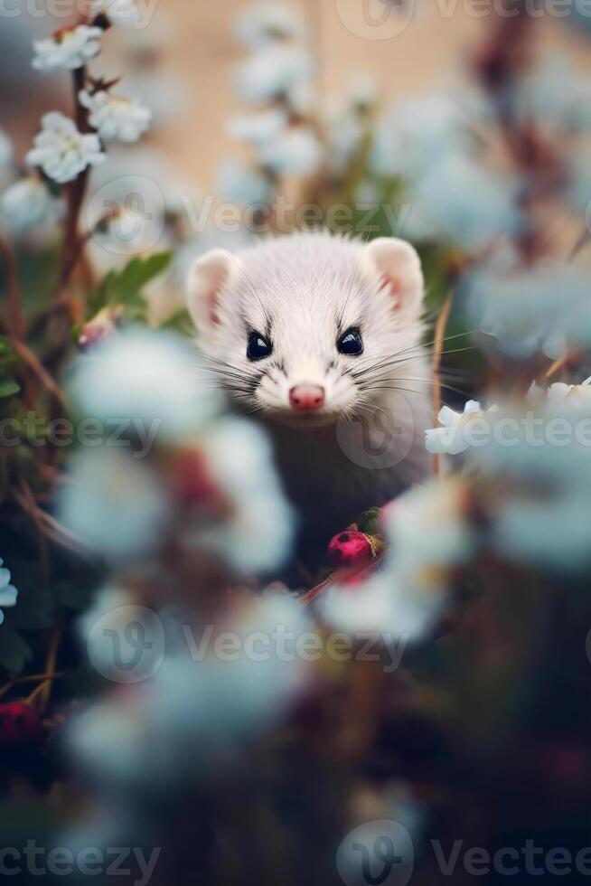 Portrait of a ferret on a background of spring flowers. AI Generative ...
