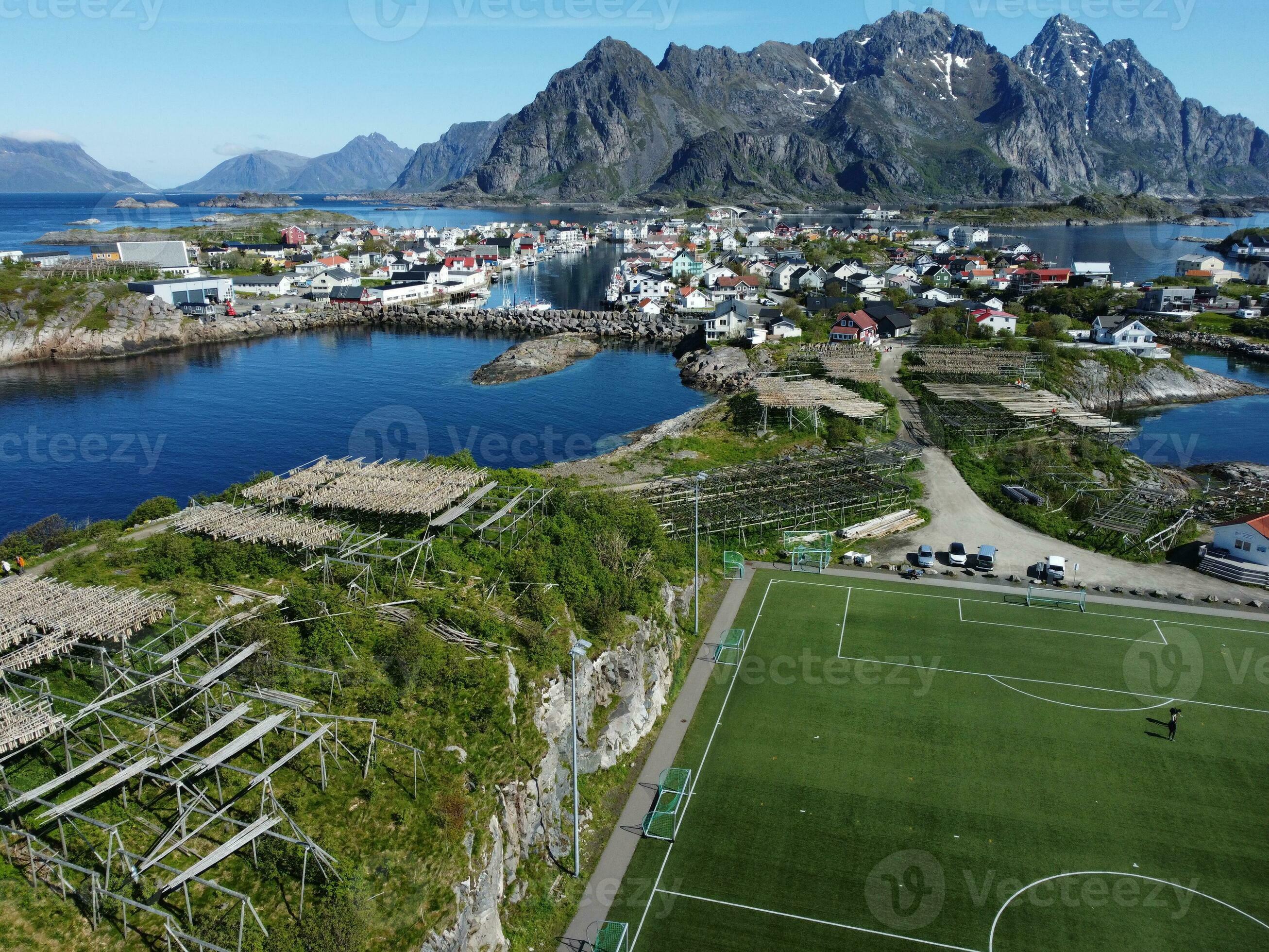 Aerial view of fishing village and football field on Lofoten Islands in Norway 26441553 Stock ...