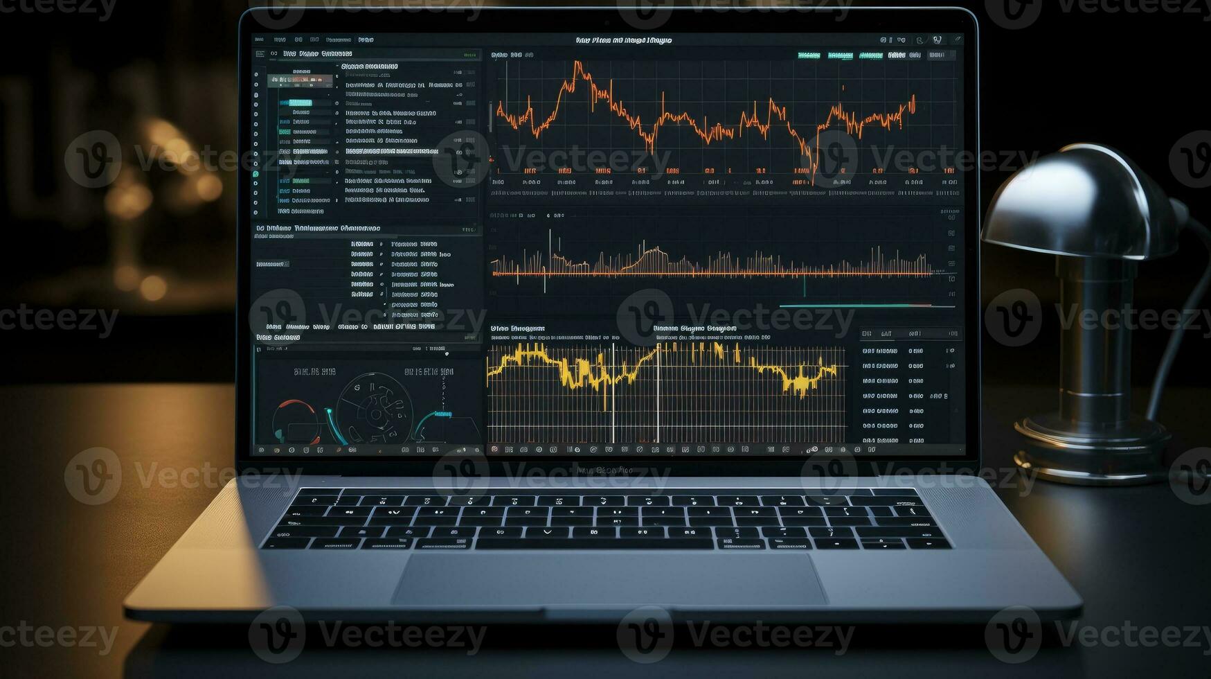 Laptop with stock charts on the screen on the table. Generative AI ...
