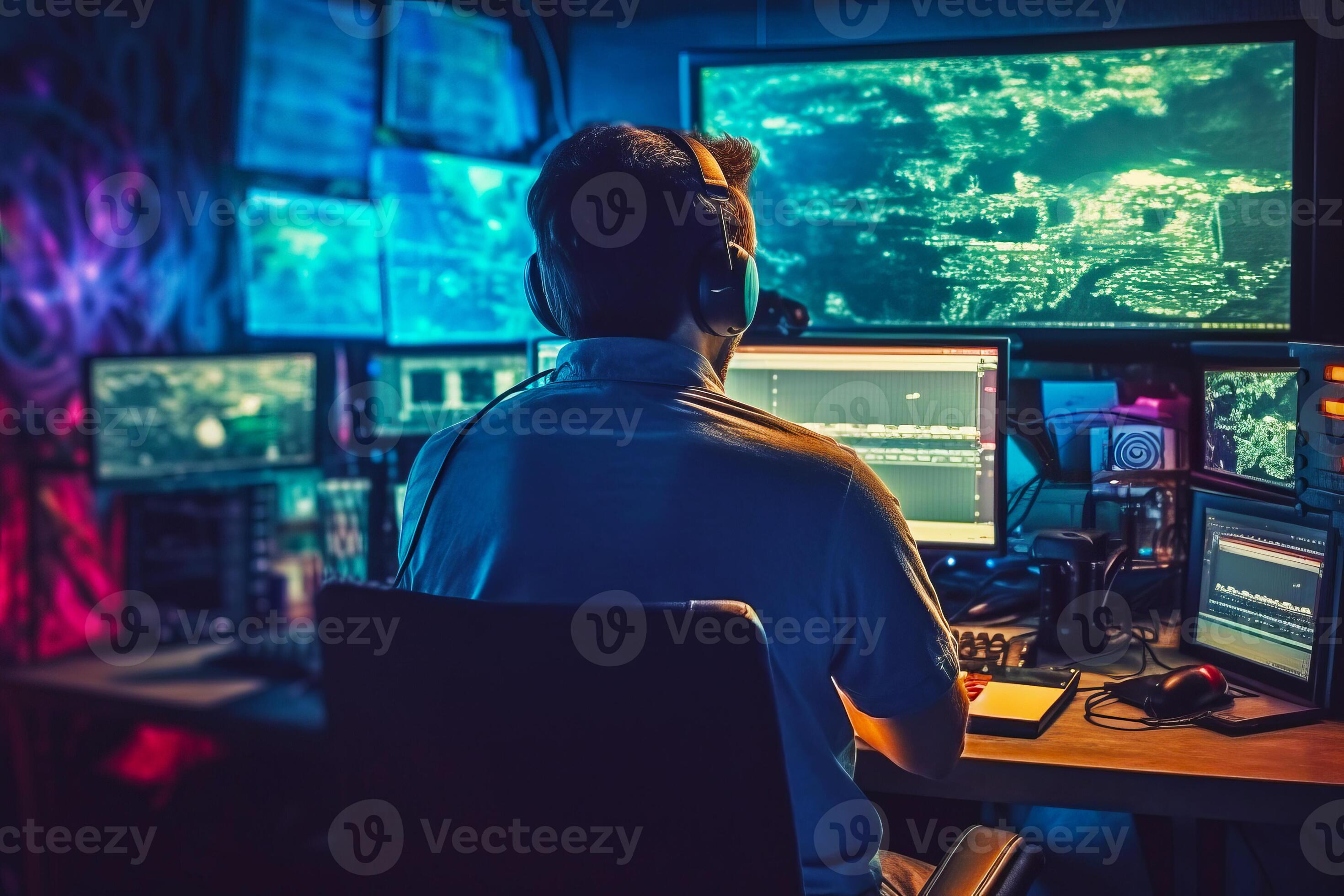 Man sitting at desk in front of computer monitor with multiple monitors ...