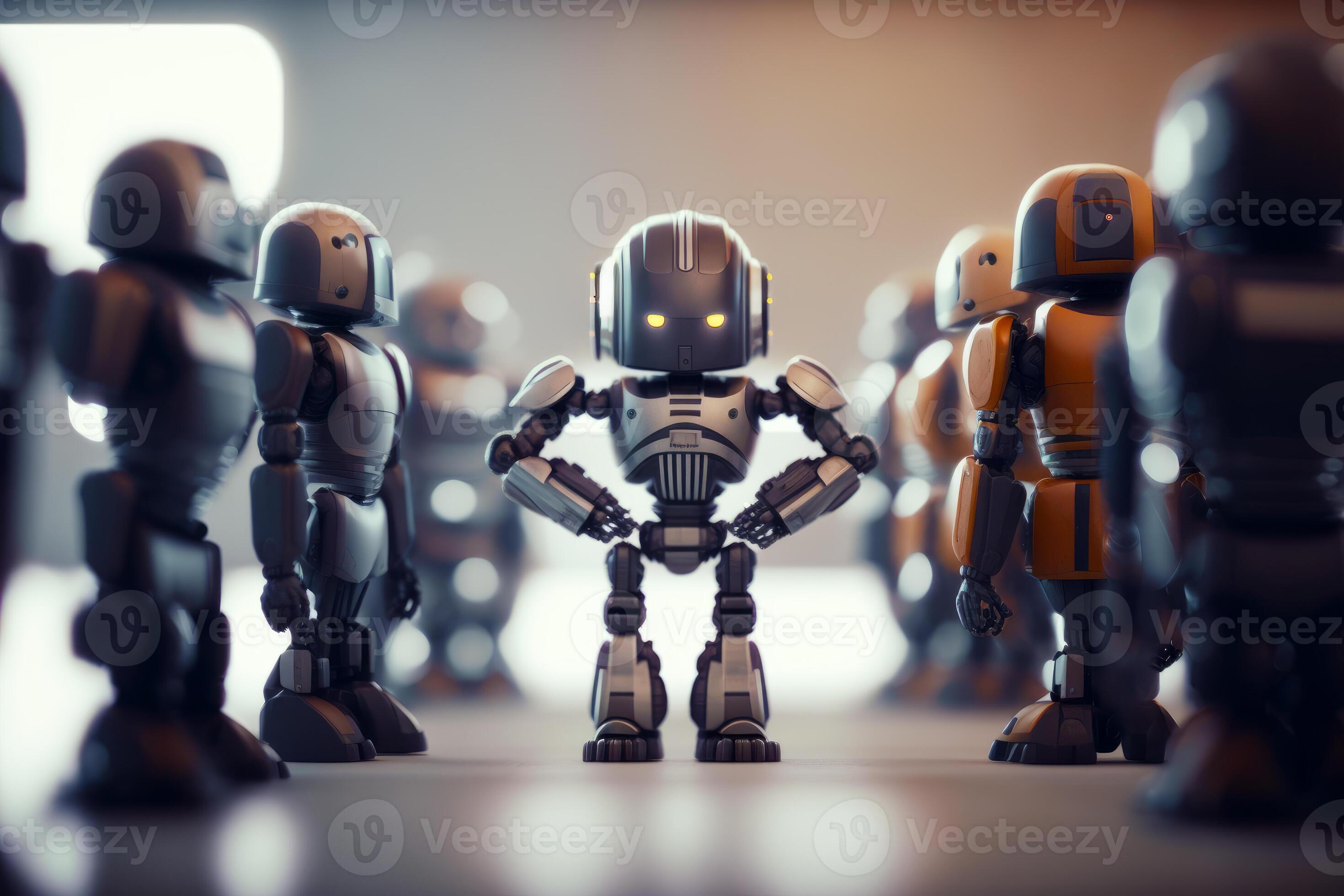 Group of robots standing next to each other in front of group of other ...